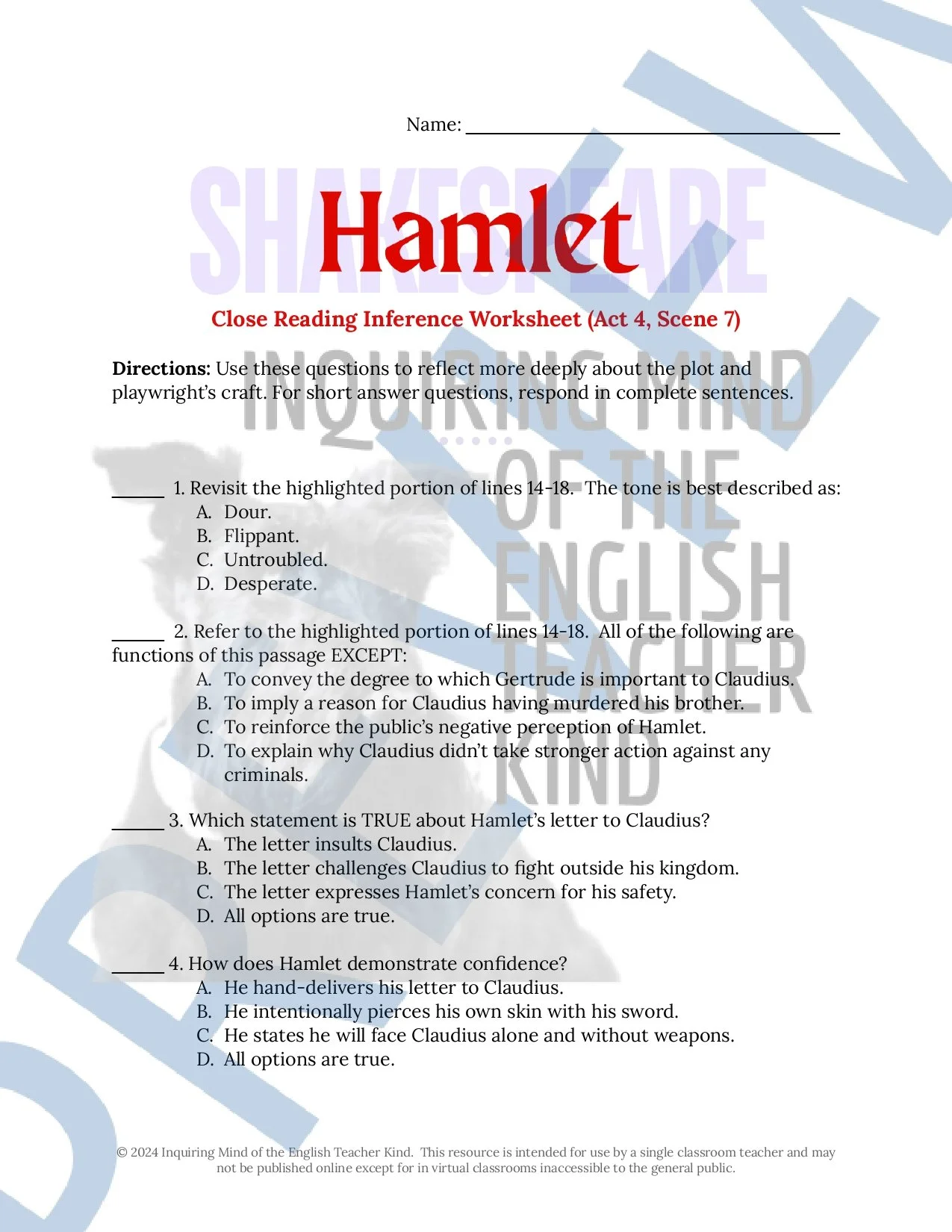 Hamlet Act 4 Quiz, Close Reading Worksheets, and Vocabulary Games ...