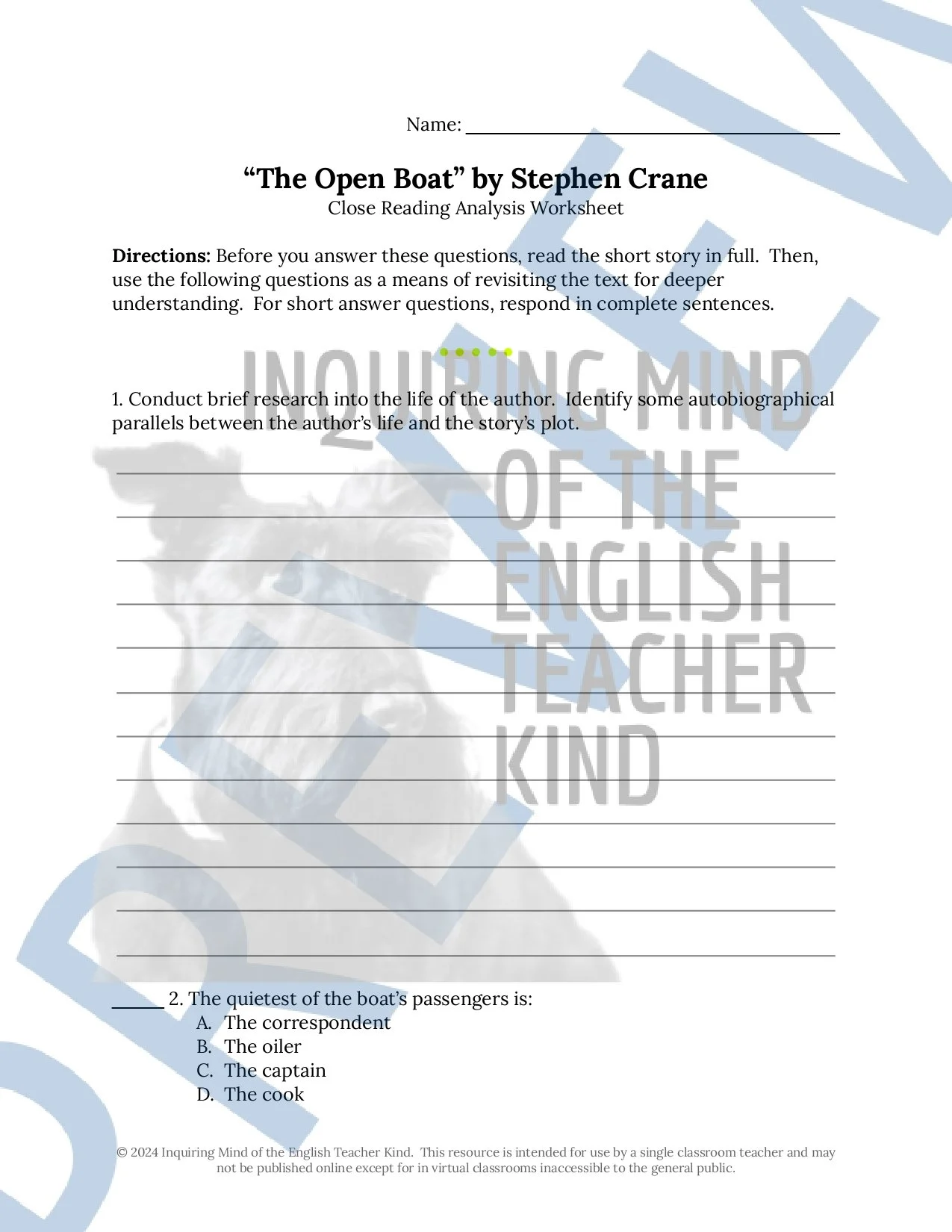 "The Open Boat" by Stephen Crane Quiz, Close Reading Worksheet, and ...