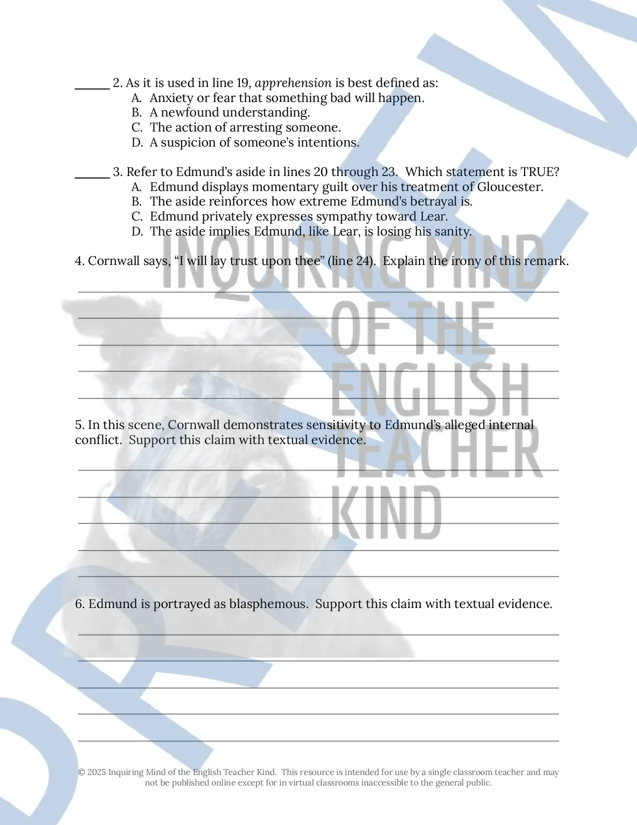 King Lear Act 3 Quiz and Close Reading Analysis Worksheets Bundle for ...