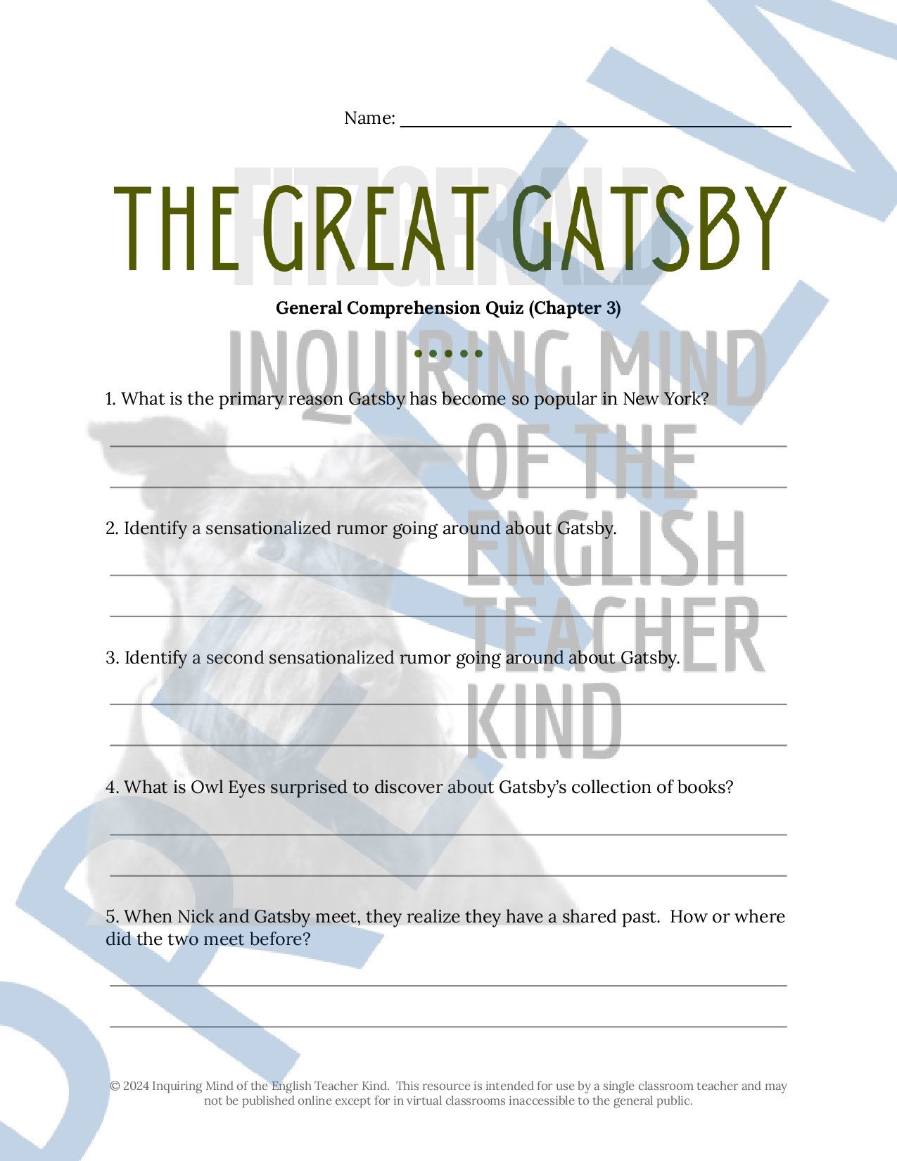 The Great Gatsby Quizzes, Inference Worksheets, Vocabulary Games, Test ...