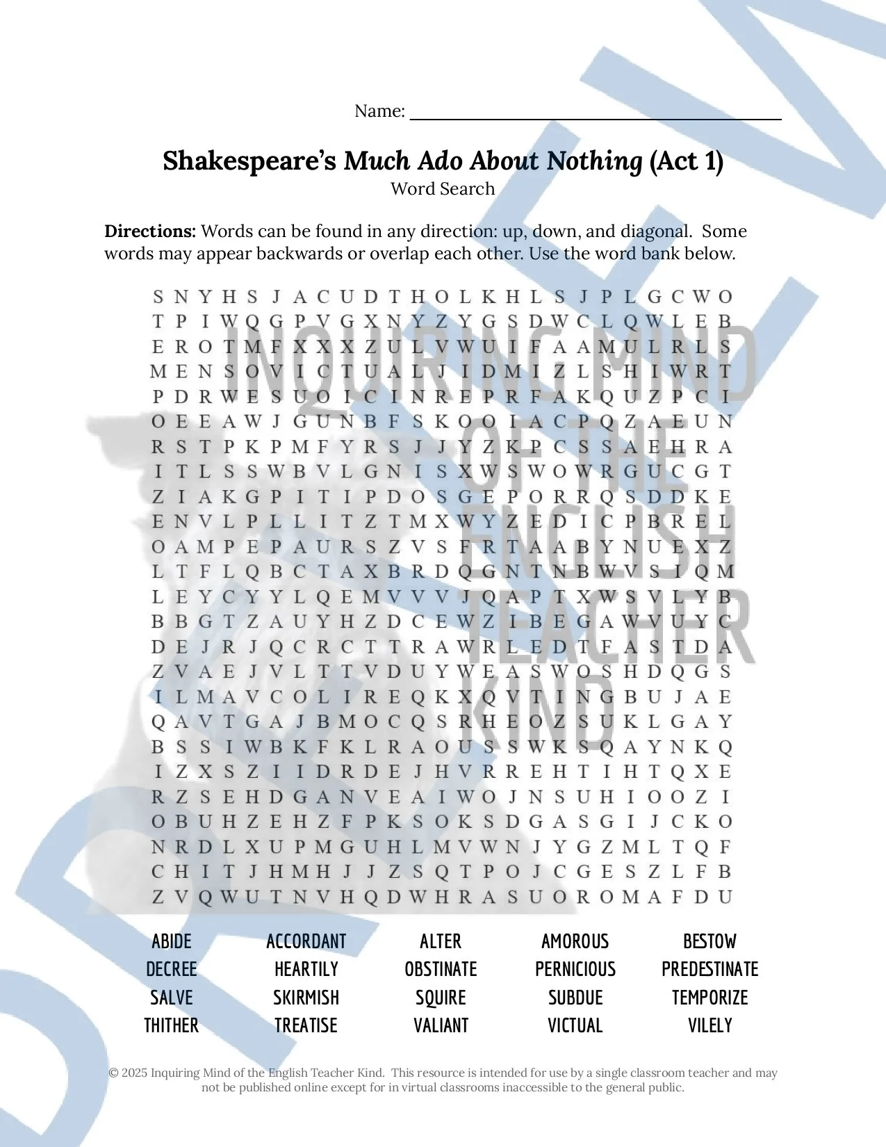 Much Ado About Nothing Act 1 Quiz, Close Readings, and Vocabulary Games ...