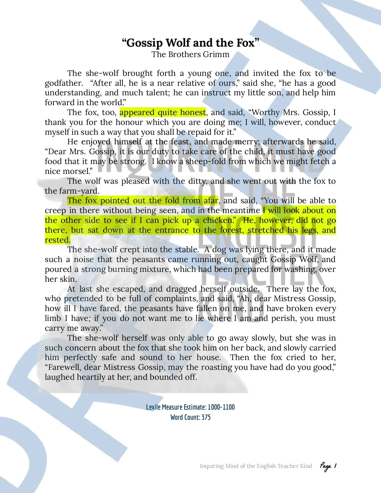 "Gossip Wolf and the Fox" by the Brothers Grimm Quiz and Close Reading ...