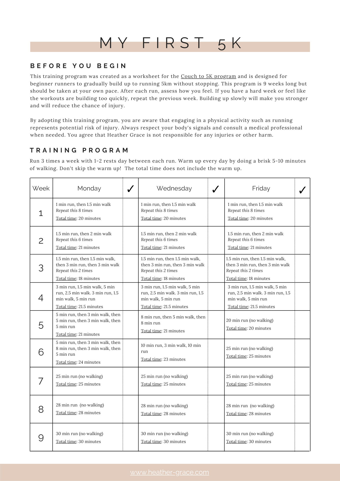 Couch to 5K Training Plan, with FREE Printable Worksheet! — Heather Grace