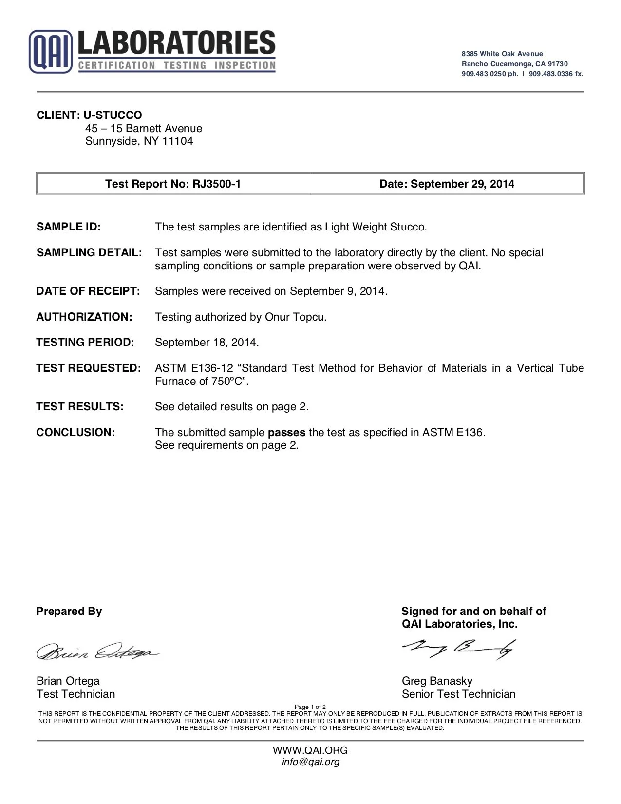 U-STUCCO™ ASTM Reports, ASTM E136, ASTM E96, ASTM B117, ASTM C518, ASTM ...