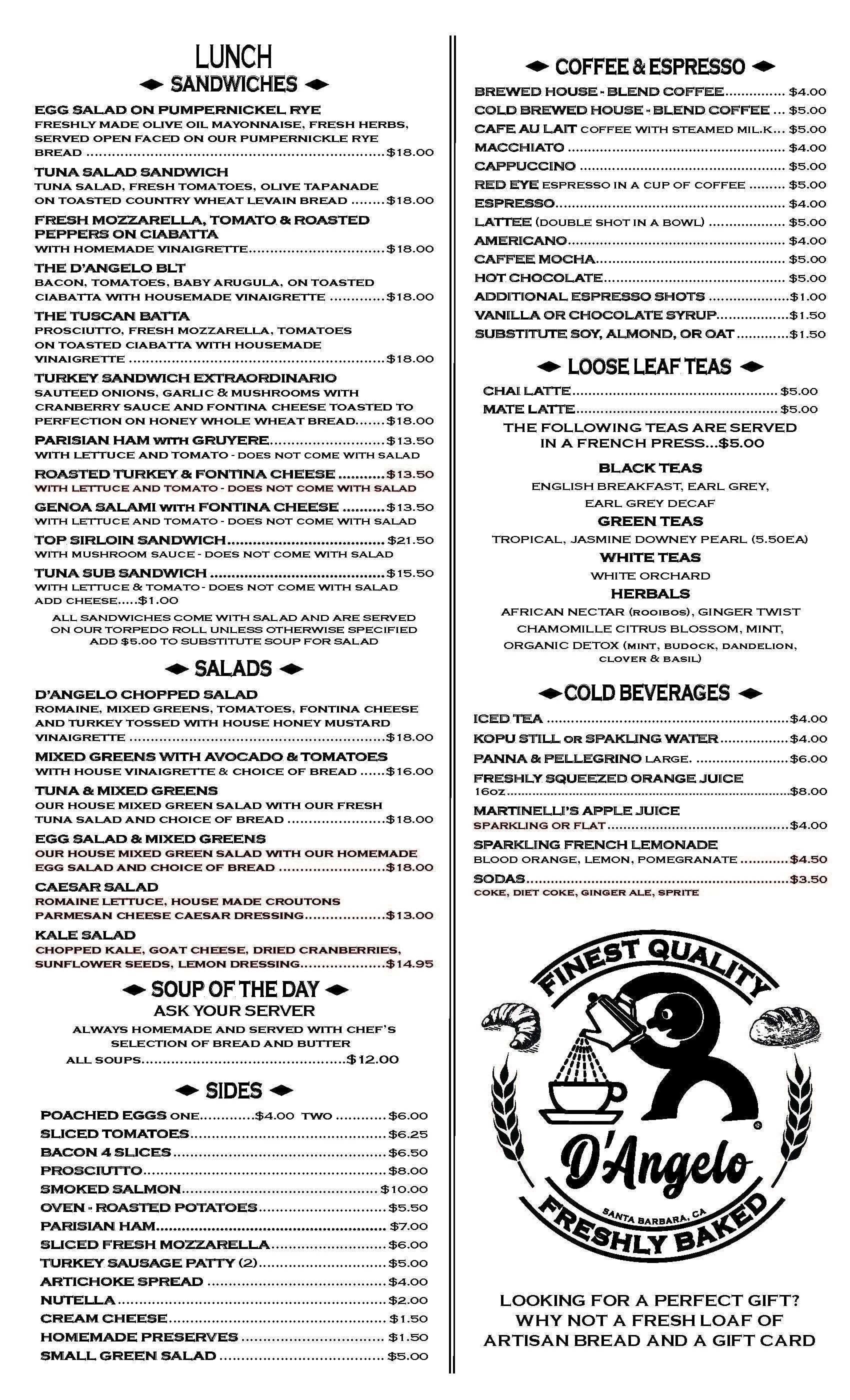 Menu — D'angelo Bakery