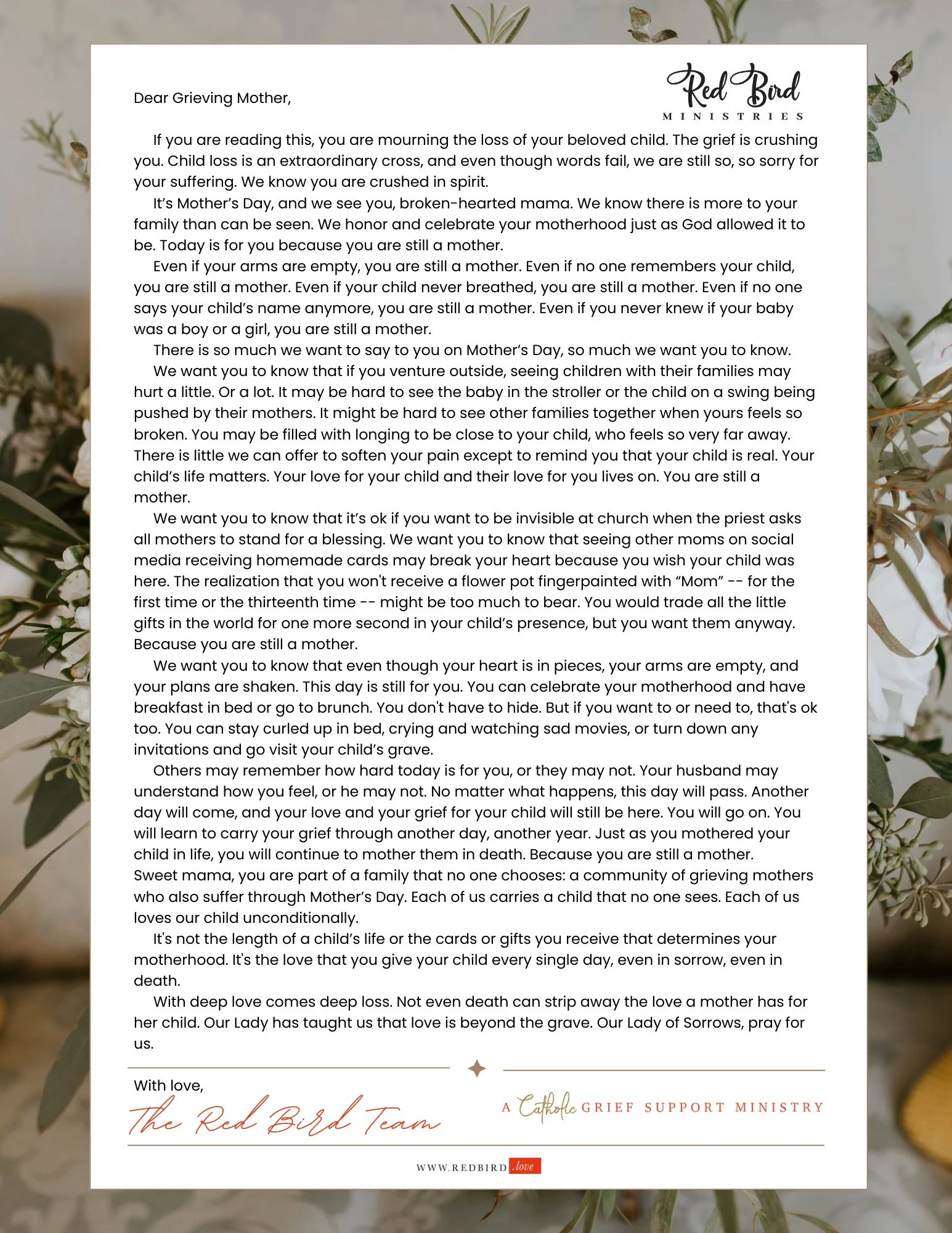 Grieving Mother's Day Letter — Red Bird Ministries