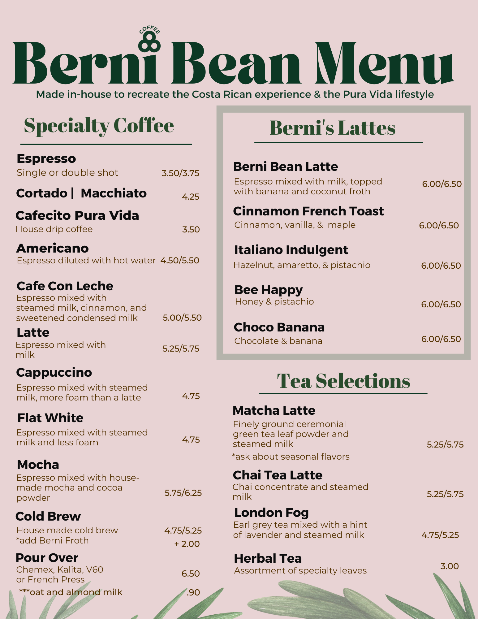 Menu — The Berni Bean Coffee Co.