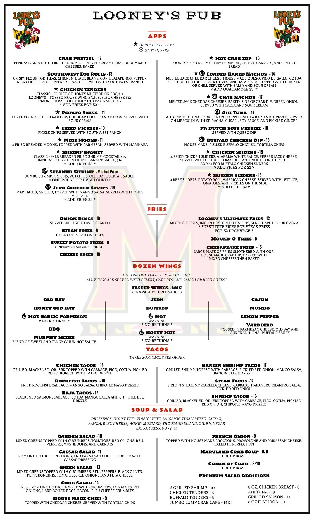 Food Menu — Looney's Pub College Park