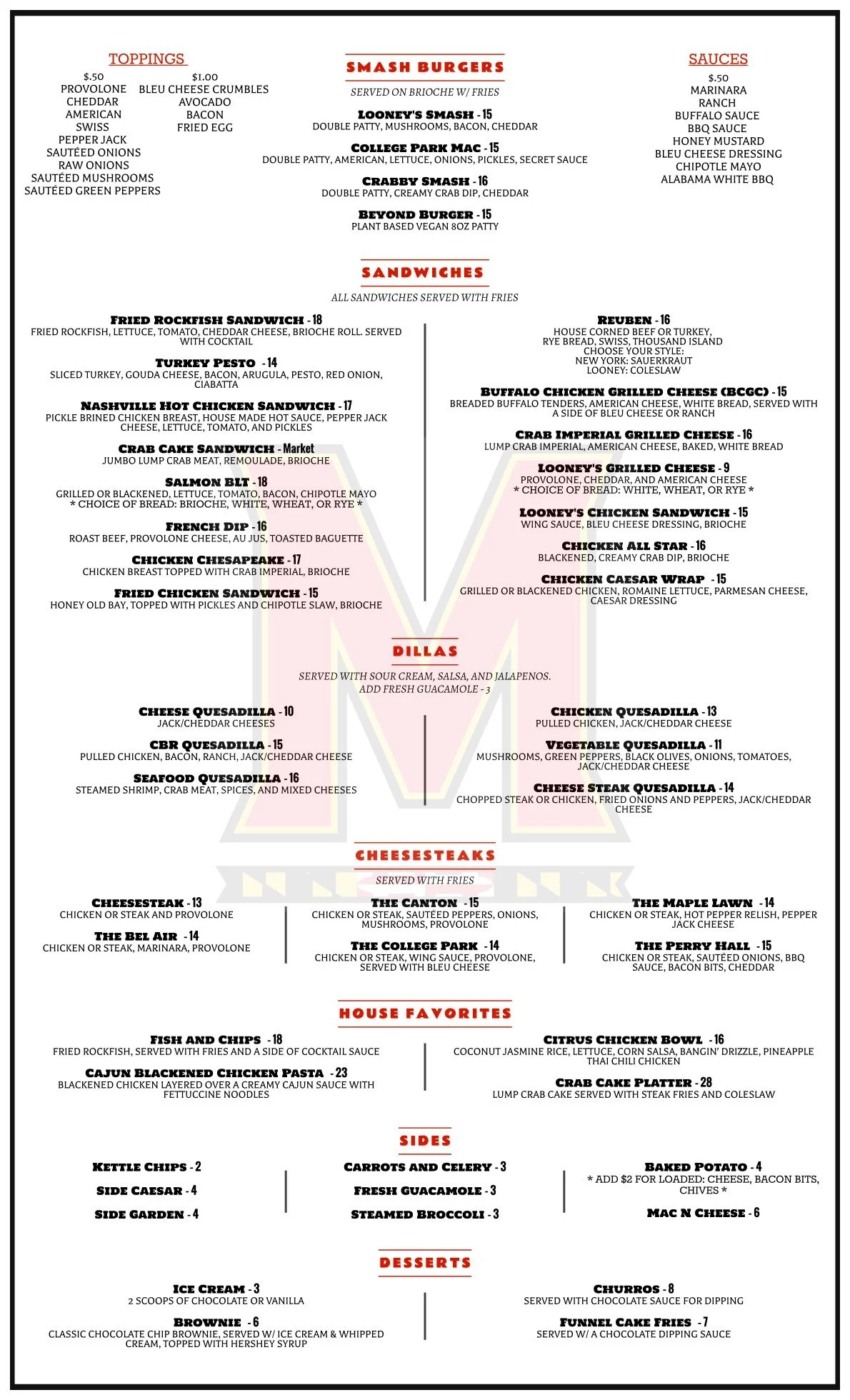 Food Menu — Looney's Pub College Park