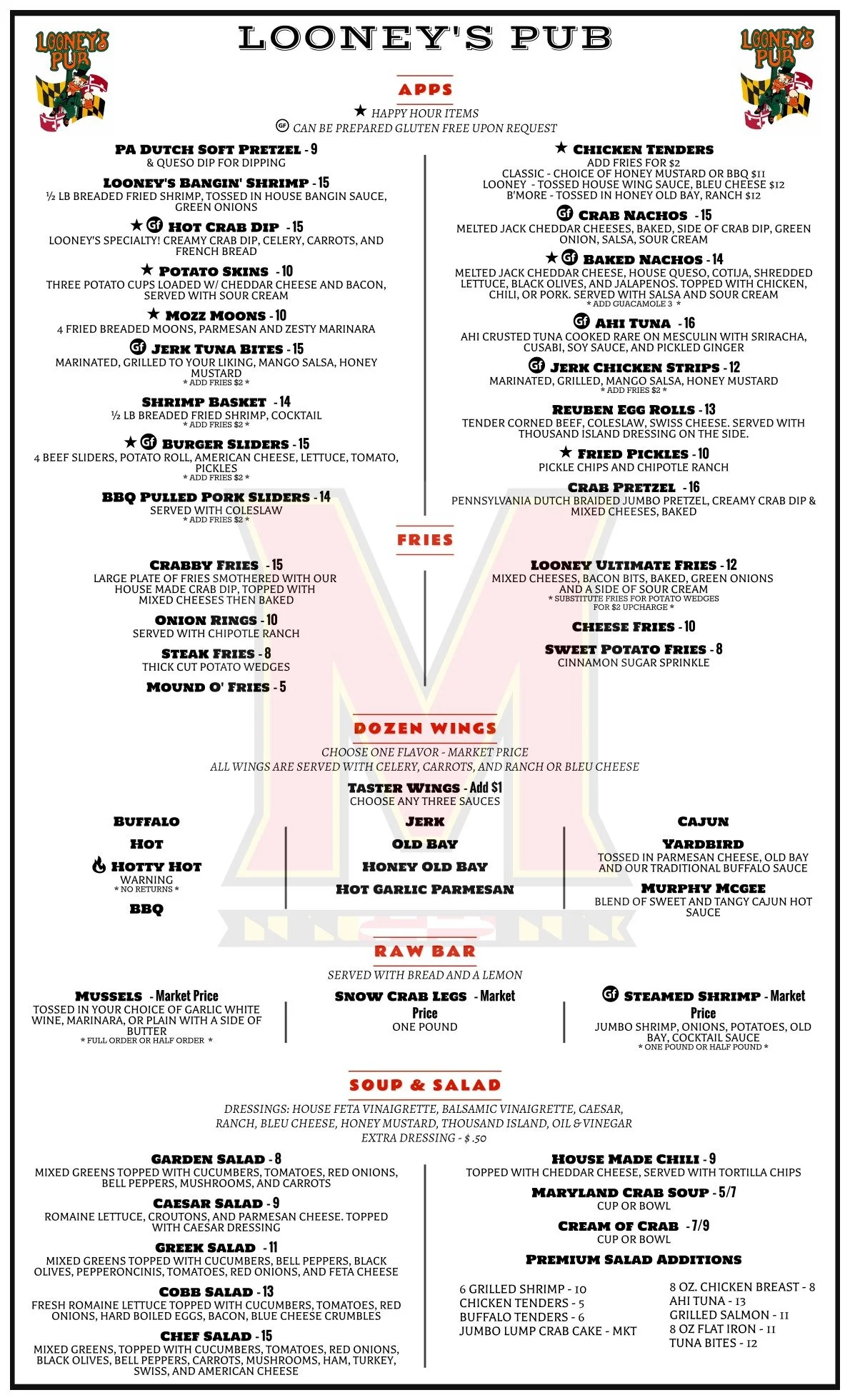 Food Menu — Looney's Pub College Park