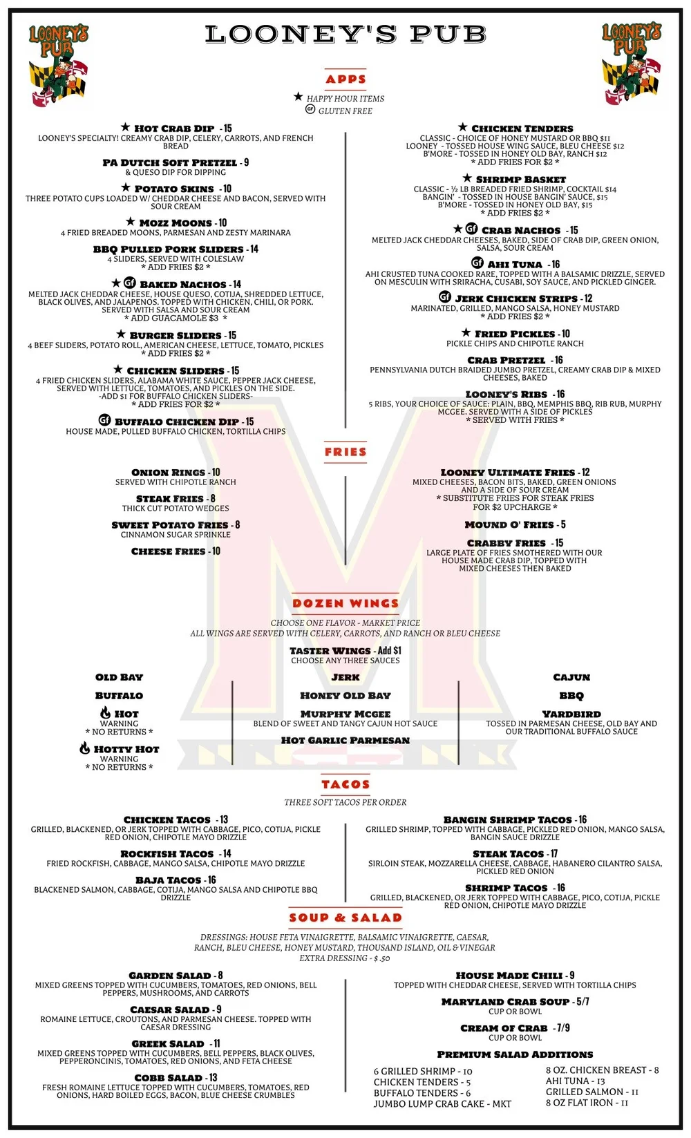 Food Menu — Looney's Pub College Park