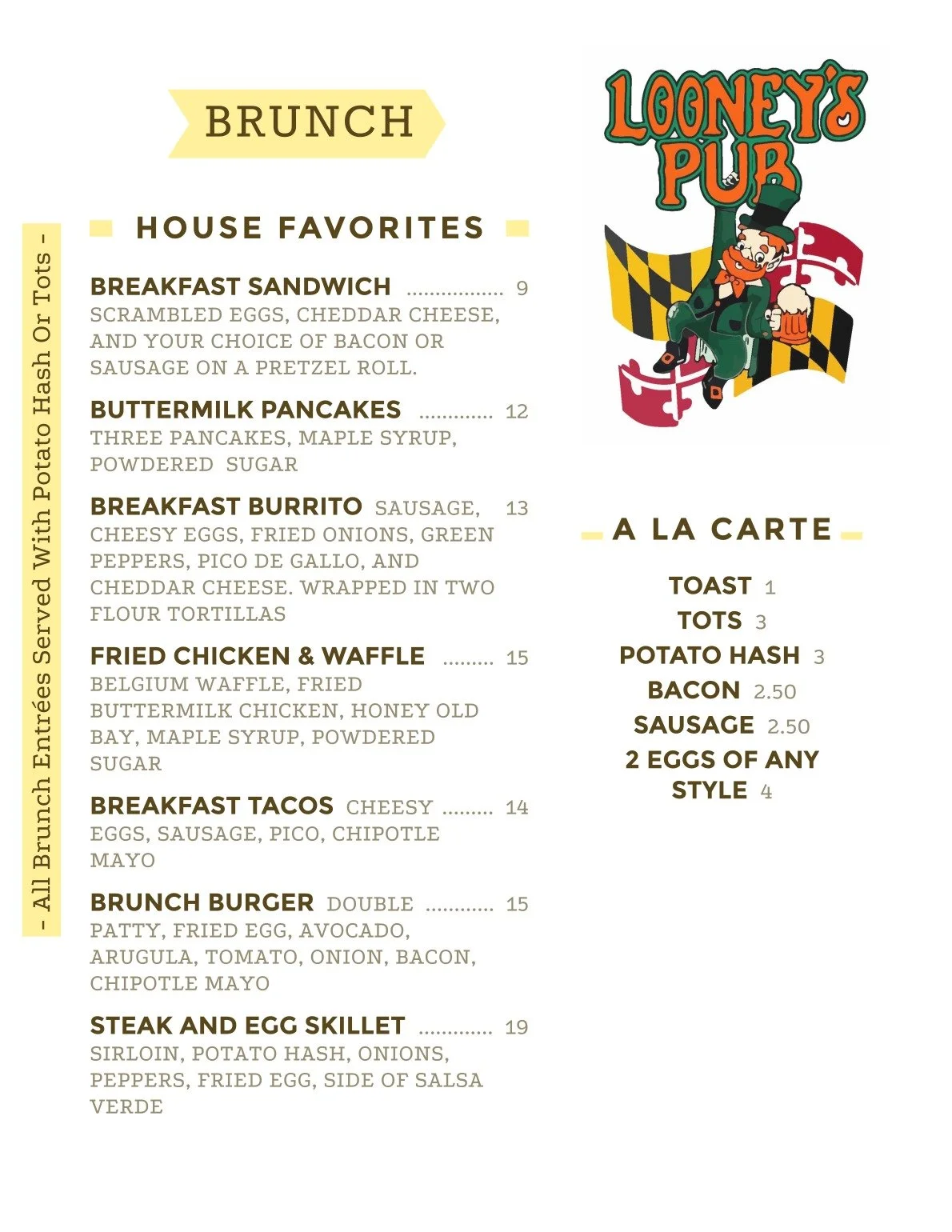 Brunch Menu — Looney's Pub College Park