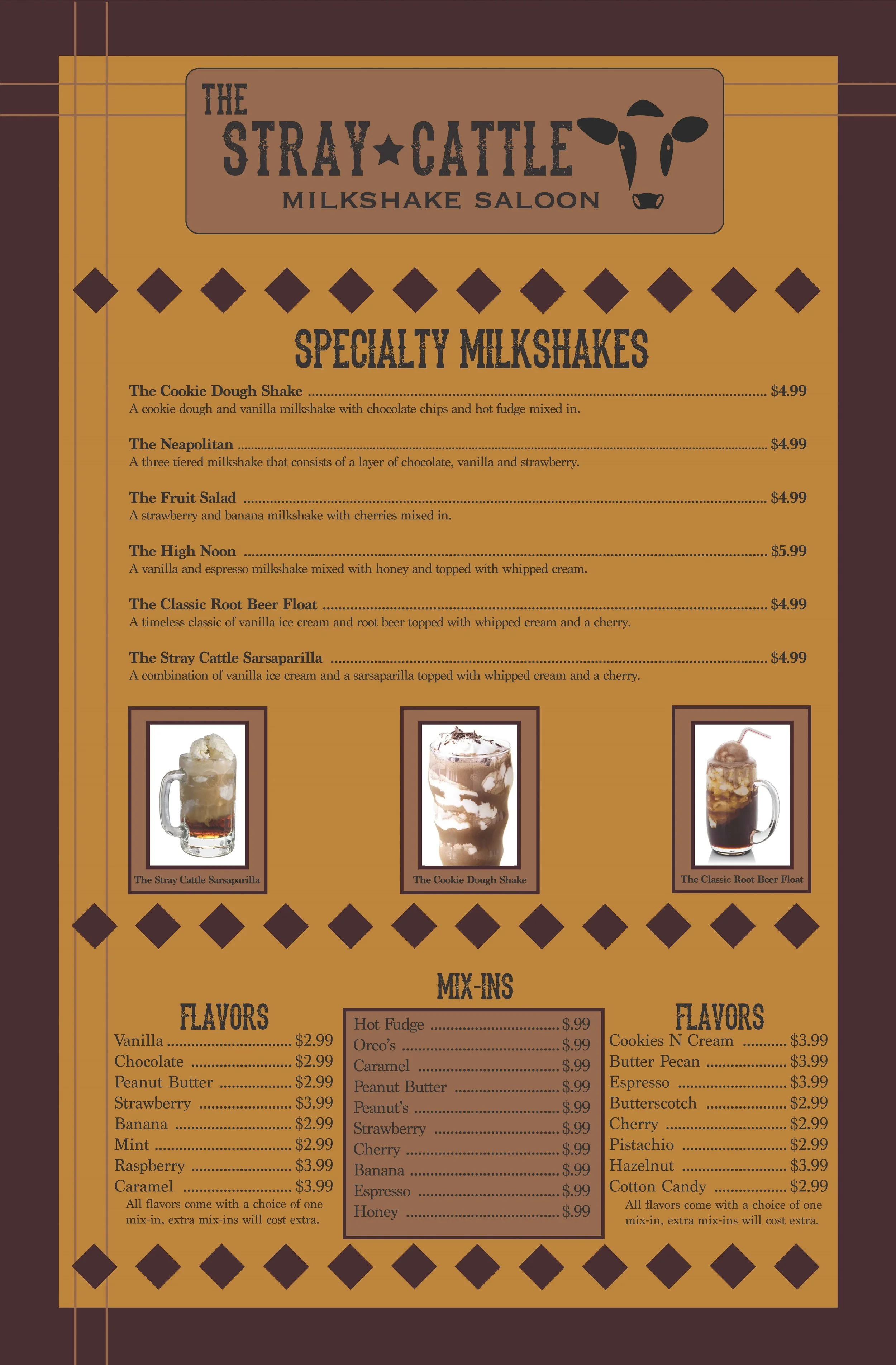 Stray Cattle Milkshake Saloon menu and logo — Will Fisler
