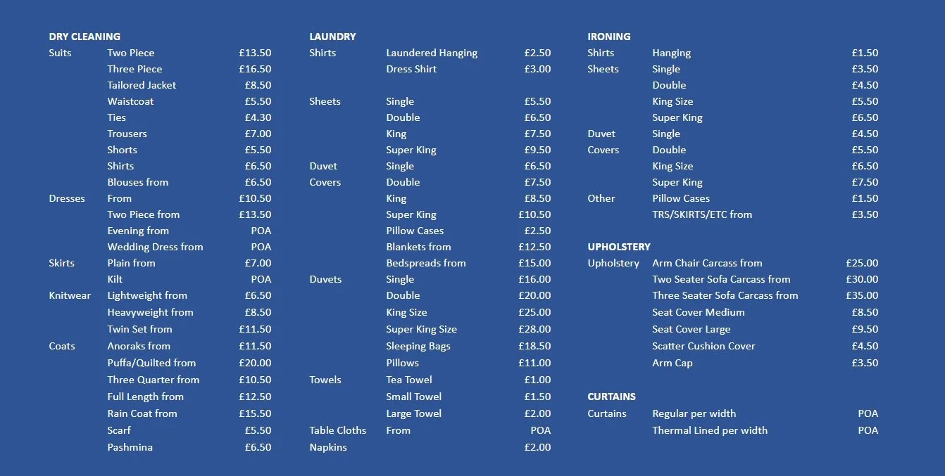 Dry Cleaning, Ironing & Laundry Pricelist | Flackwell Heath Dry Cleaners