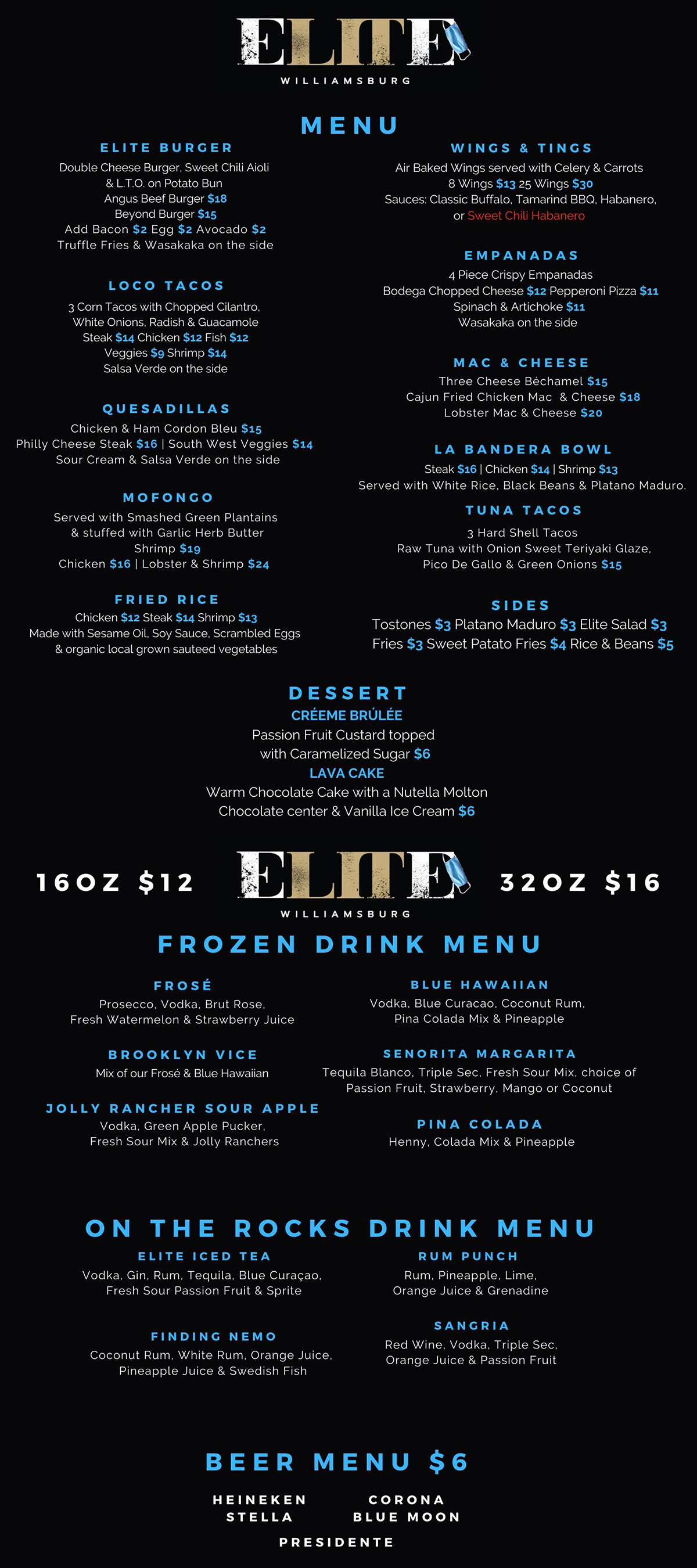 Menu 1 — Elite Williamsburg