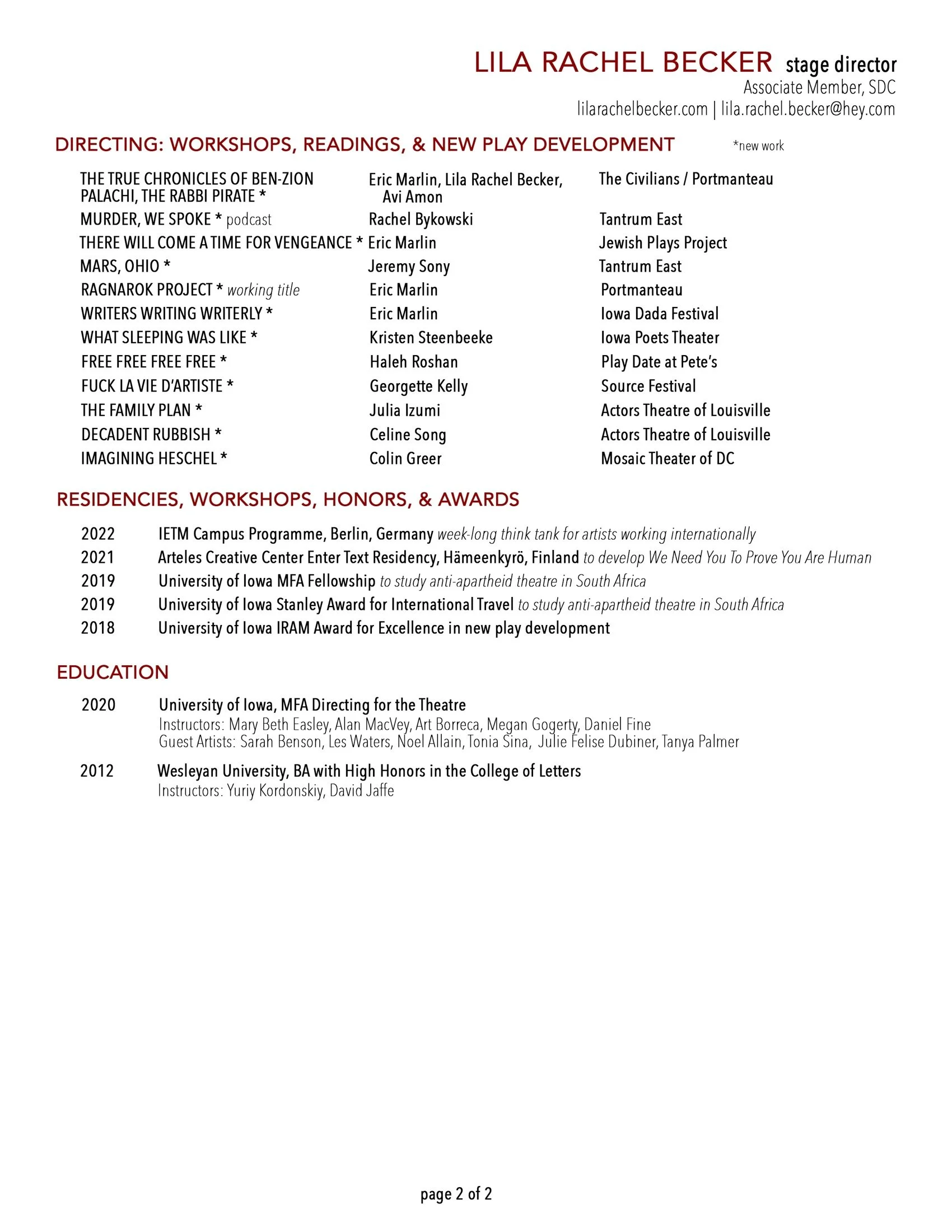 Resume — Lila Rachel Becker | stage director