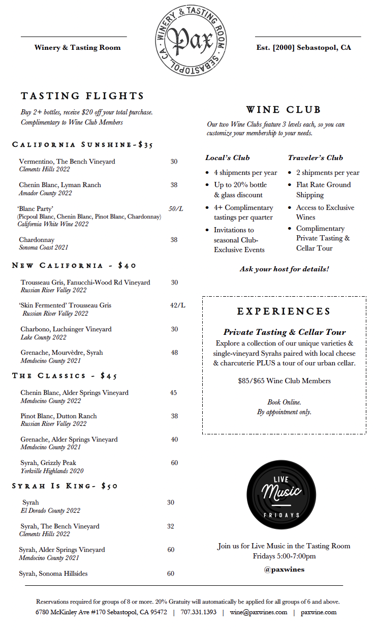 Tasting Room — Pax Winery & Tasting Room