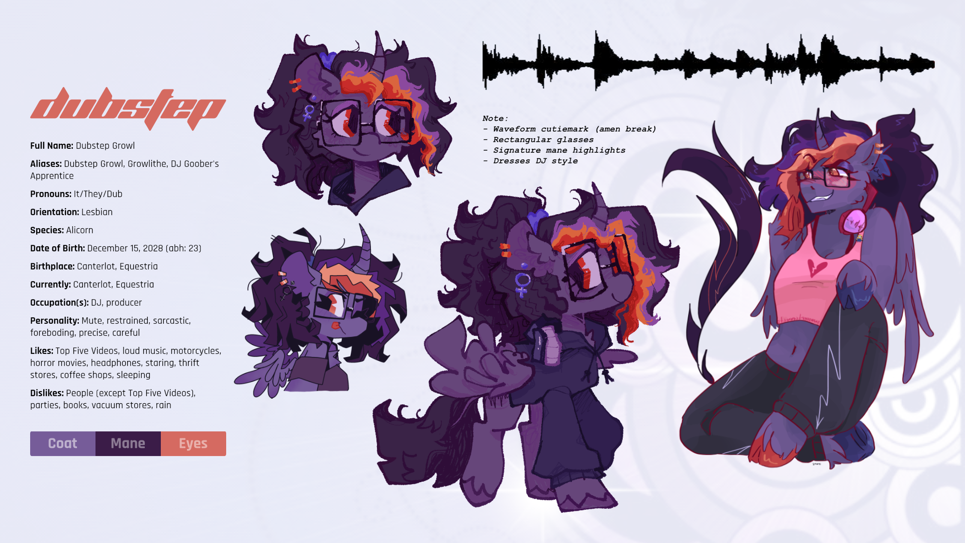 Character Reference Page for "Dubstep Growl" — Vylet Pony