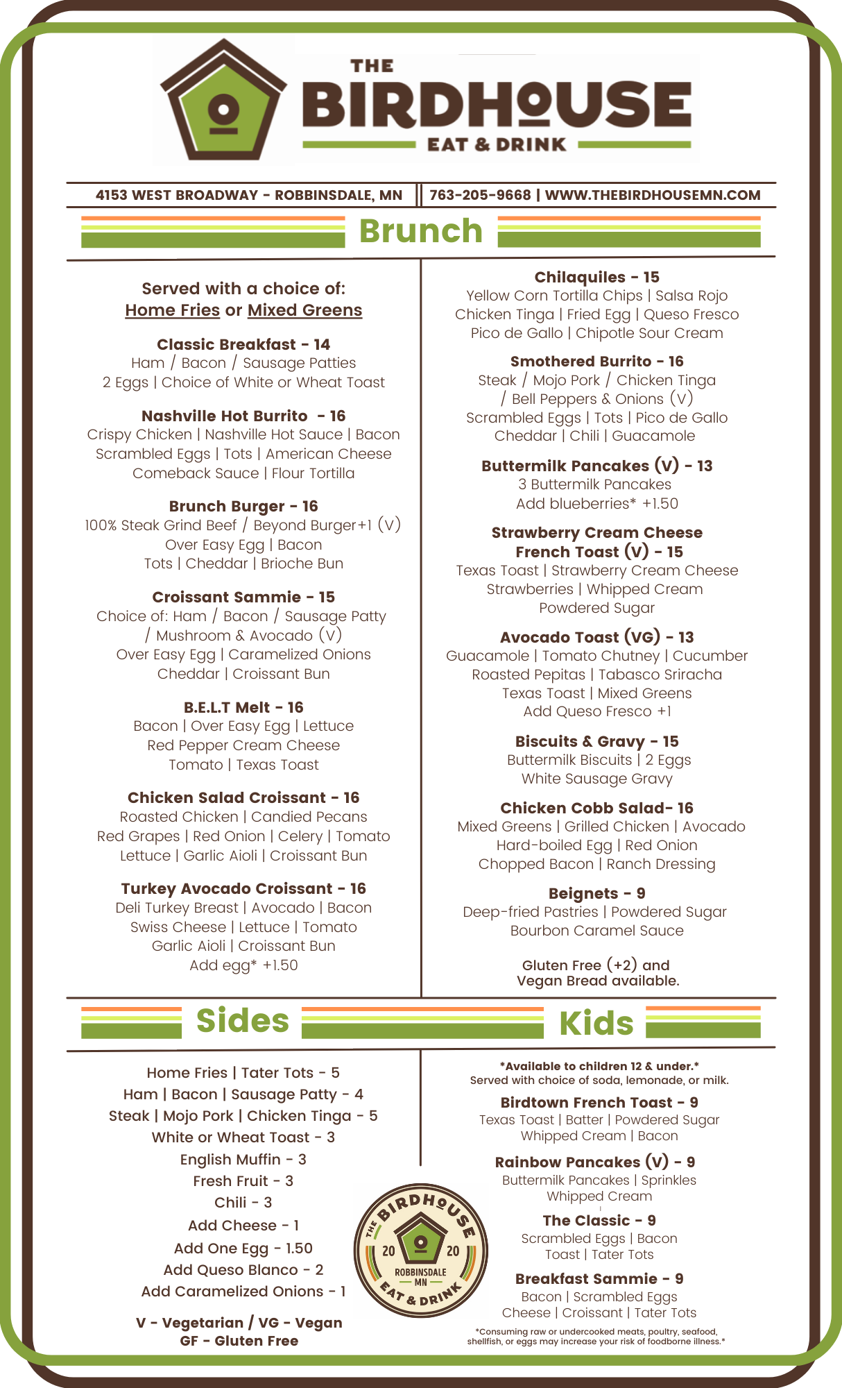 Food and Drink Menu — Birdhouse Eat & Drink