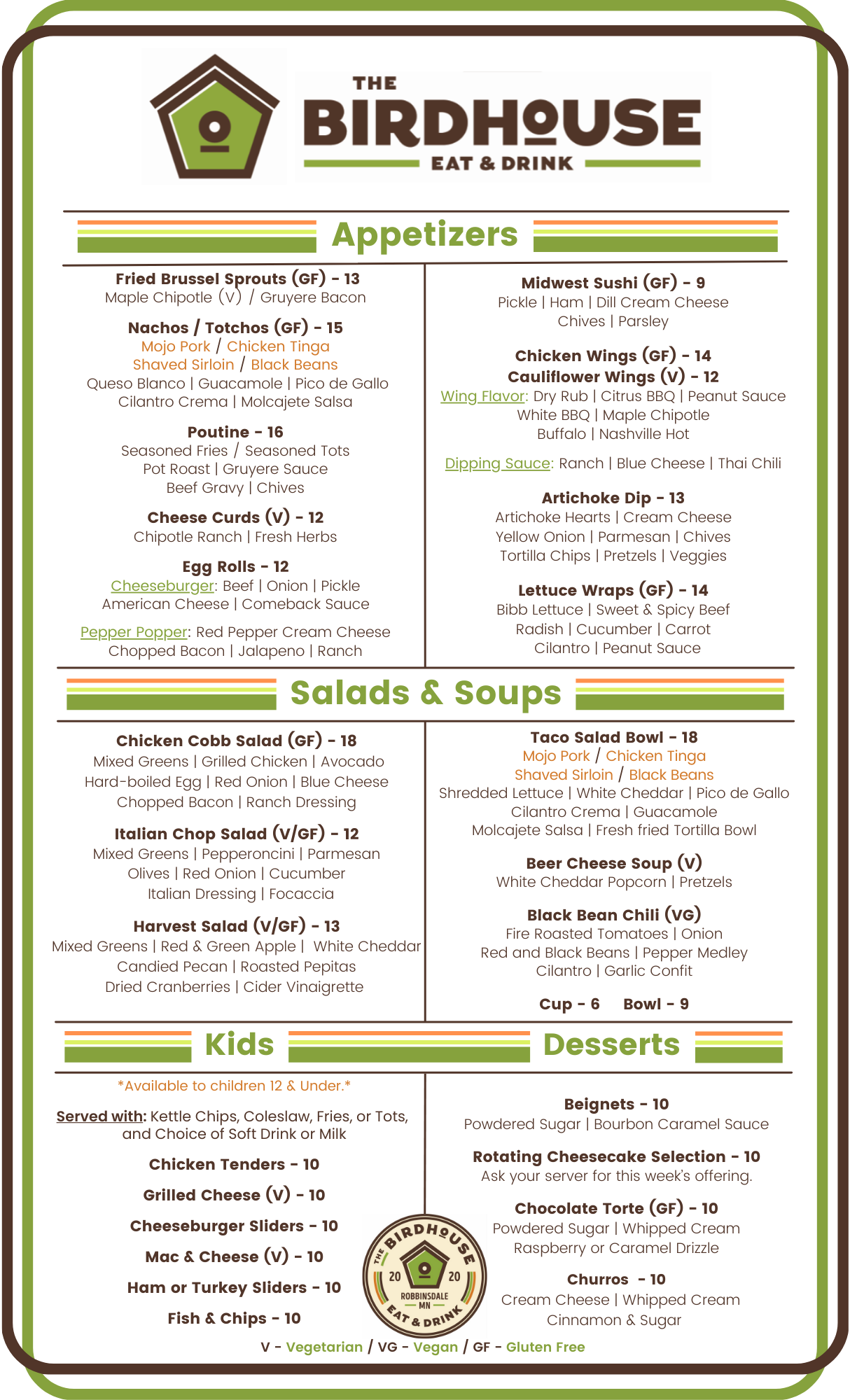 Food and Drink Menu — Birdhouse Eat & Drink
