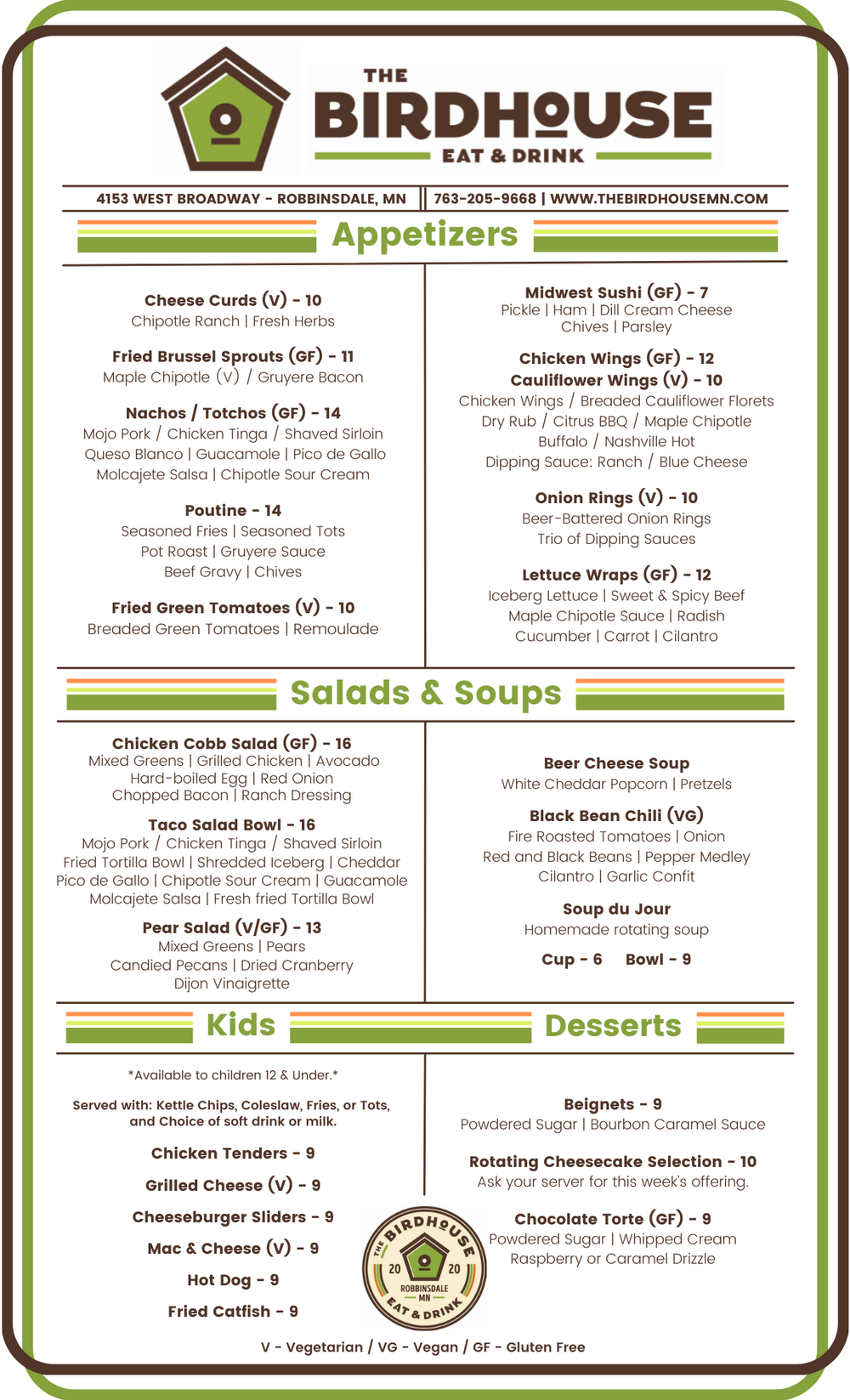 Food and Drink Menu — Birdhouse Eat & Drink