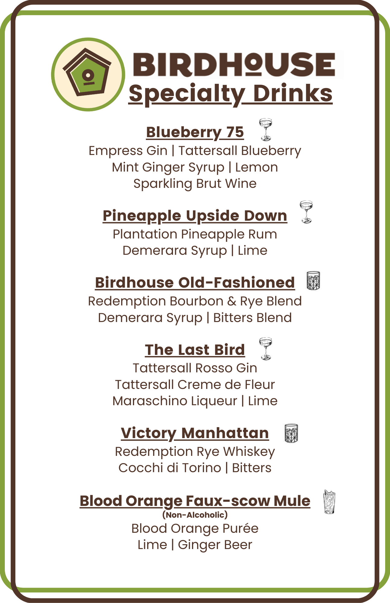Food and Drink Menu — Birdhouse Eat & Drink