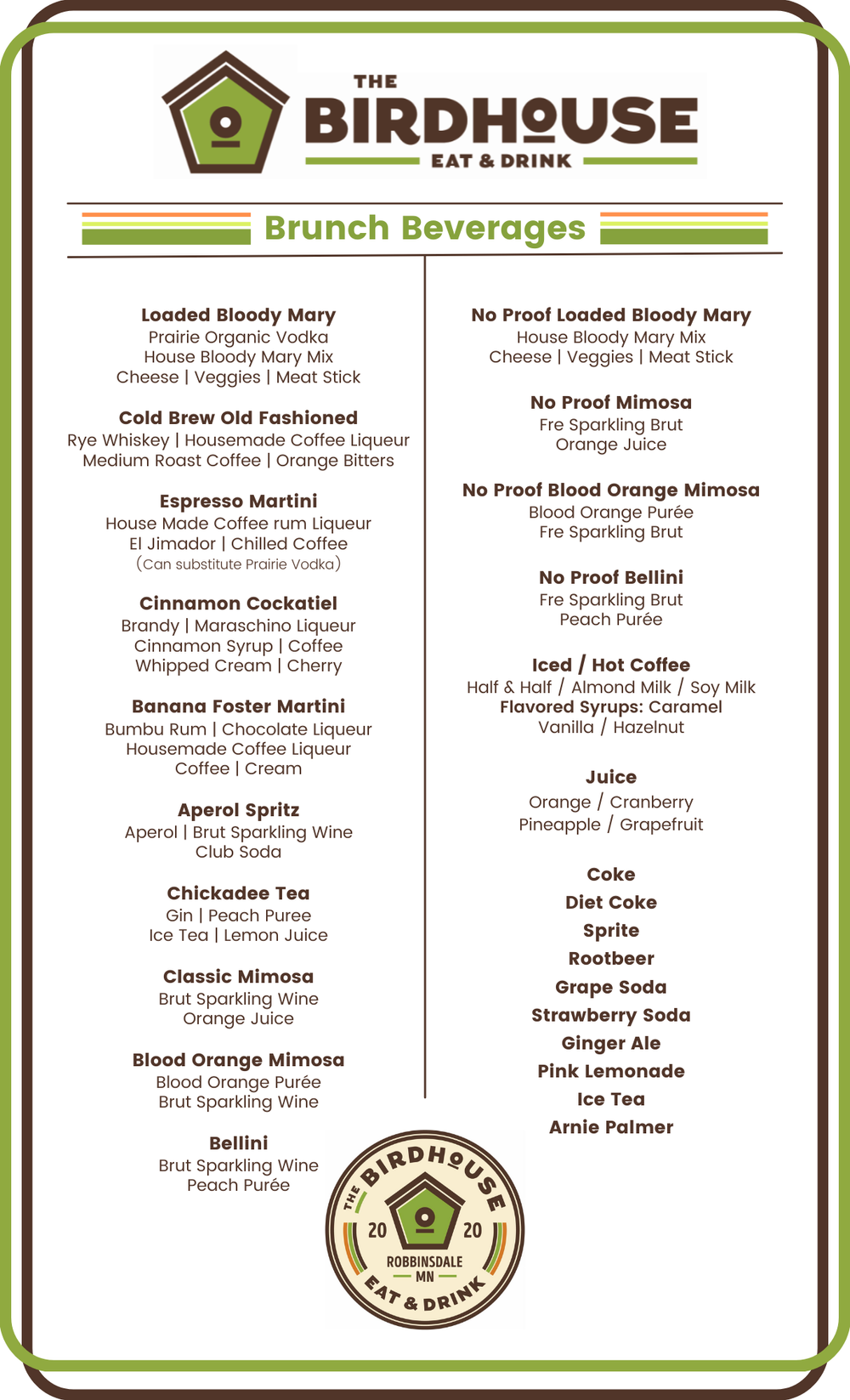 Food and Drink Menu — Birdhouse Eat & Drink