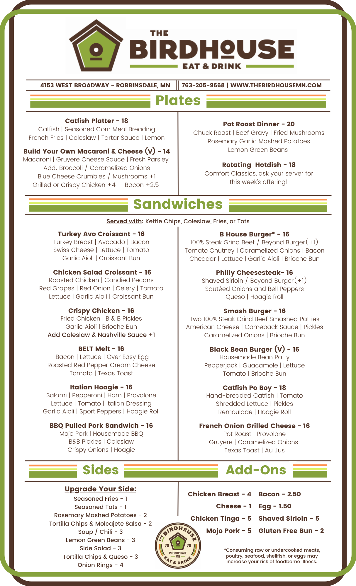 Food and Drink Menu — Birdhouse Eat & Drink