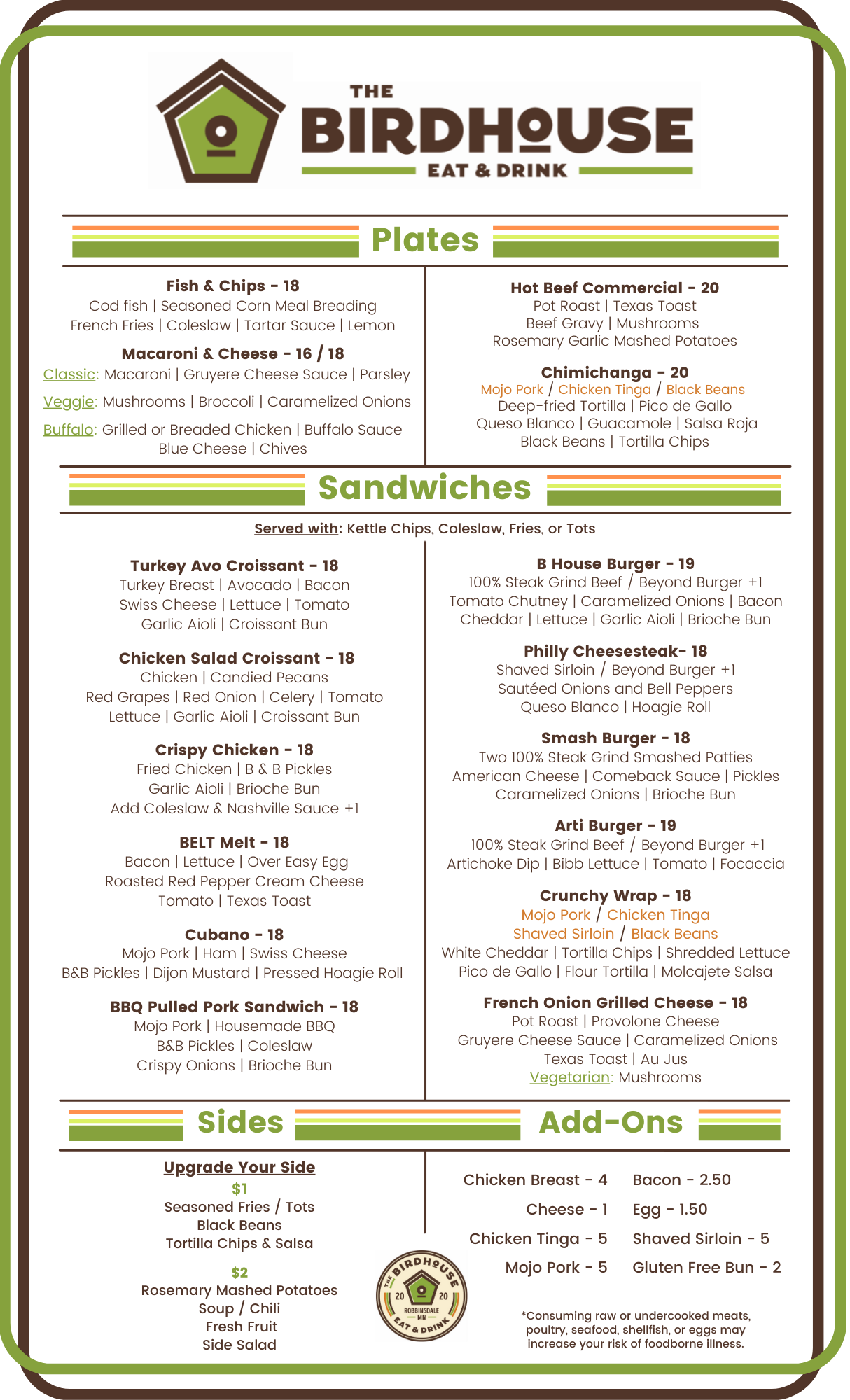 Food and Drink Menu — Birdhouse Eat & Drink