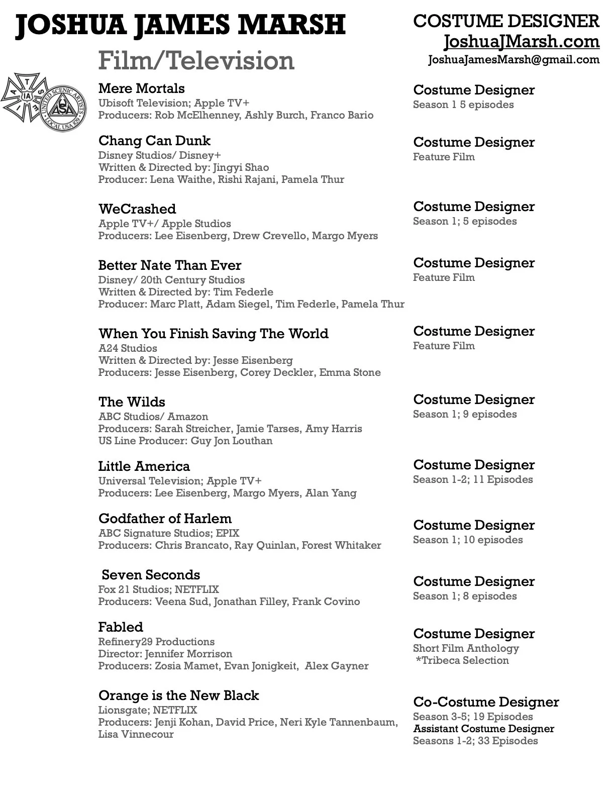 About — Joshua J. Marsh Costume Designer