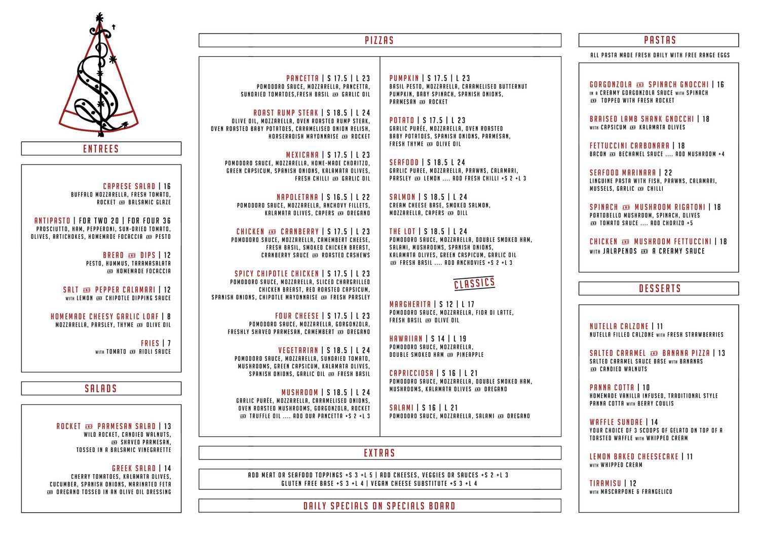 Dinner Menu — Santeria Pizza and Pasta