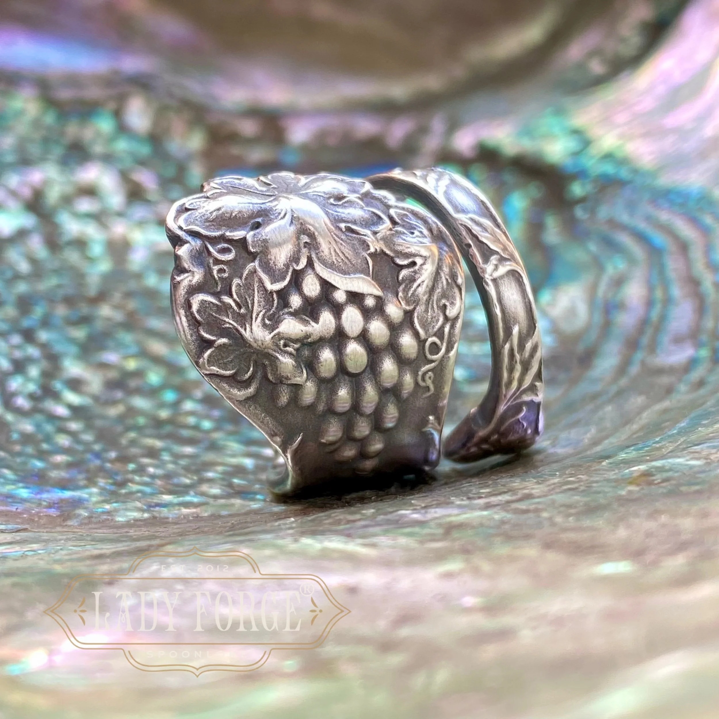 Sterling Spoon Ring - Grapes & Vine — Spoon Rings | Lady Forge