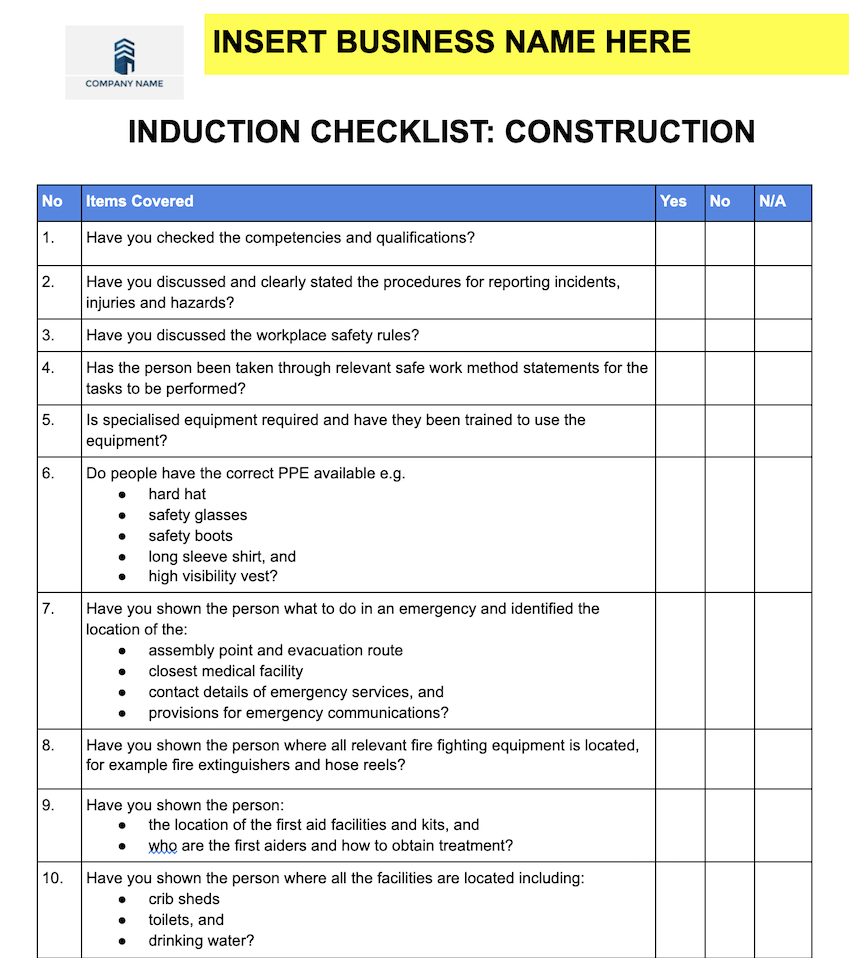 Induction Checklist - Construction — EHS On Demand