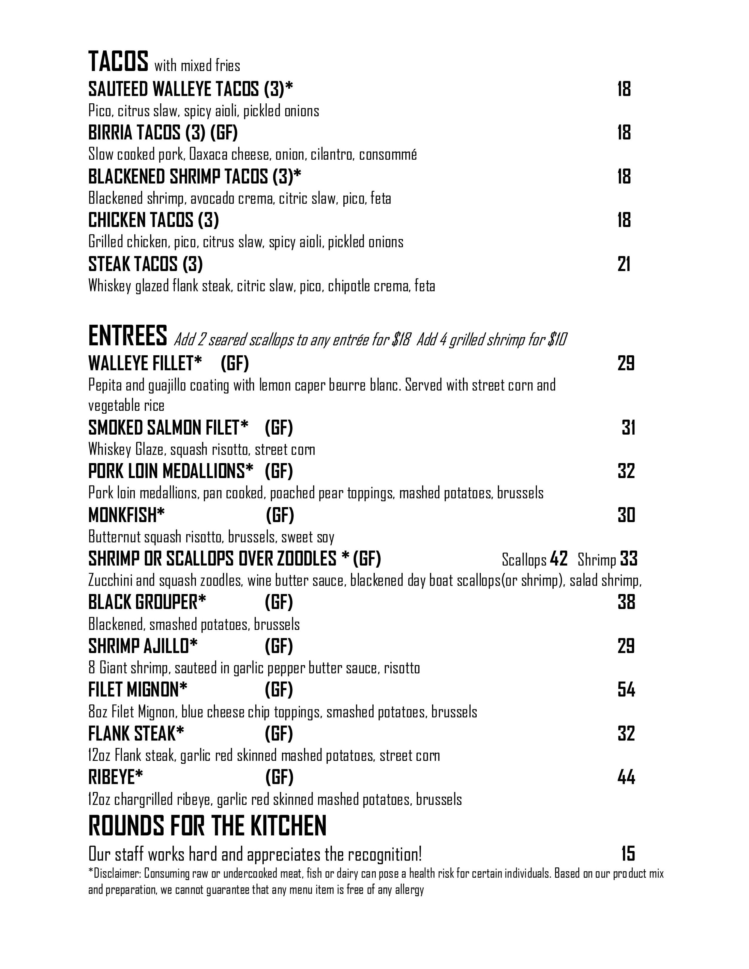 Menu — JJ's Table and Bar