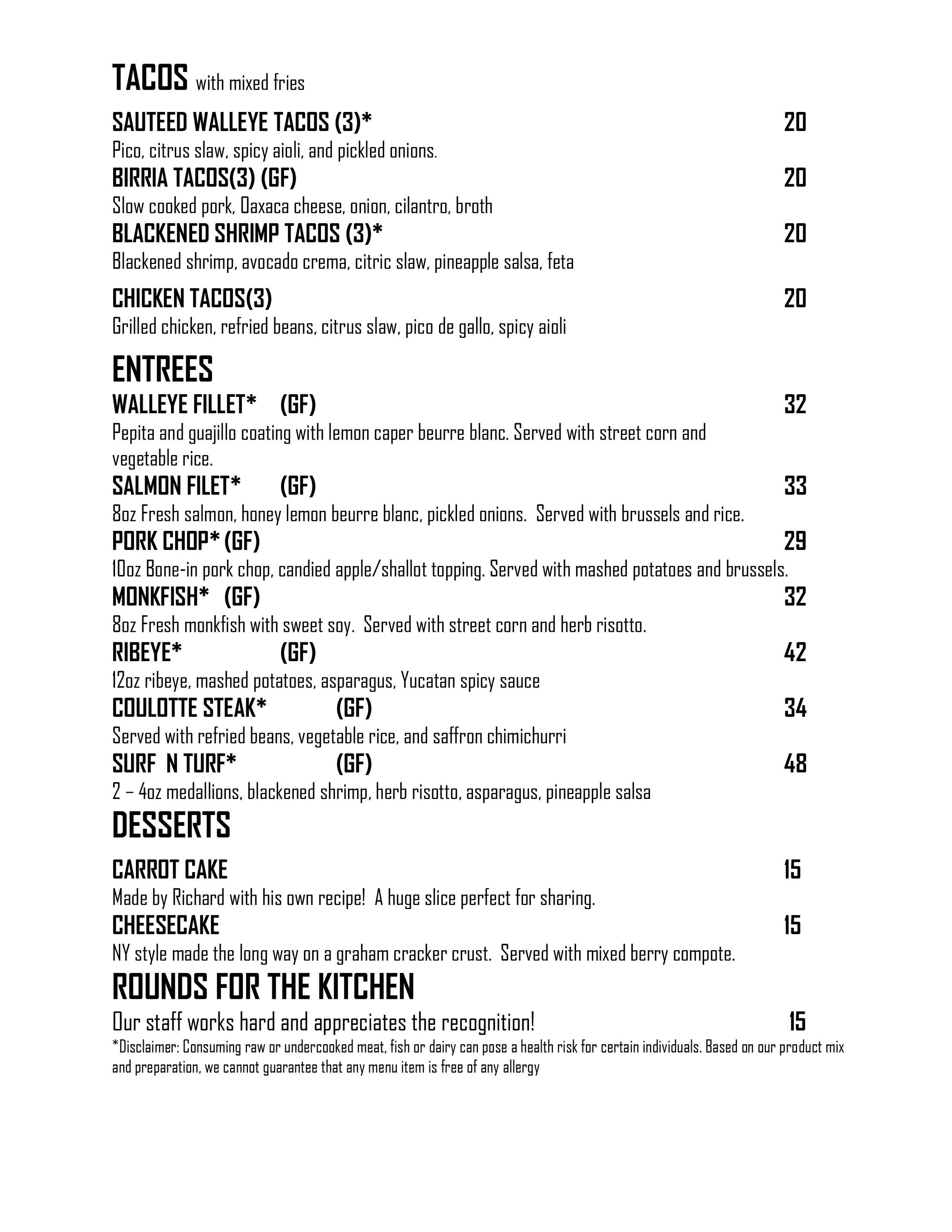 Menu — JJ's Table and Bar