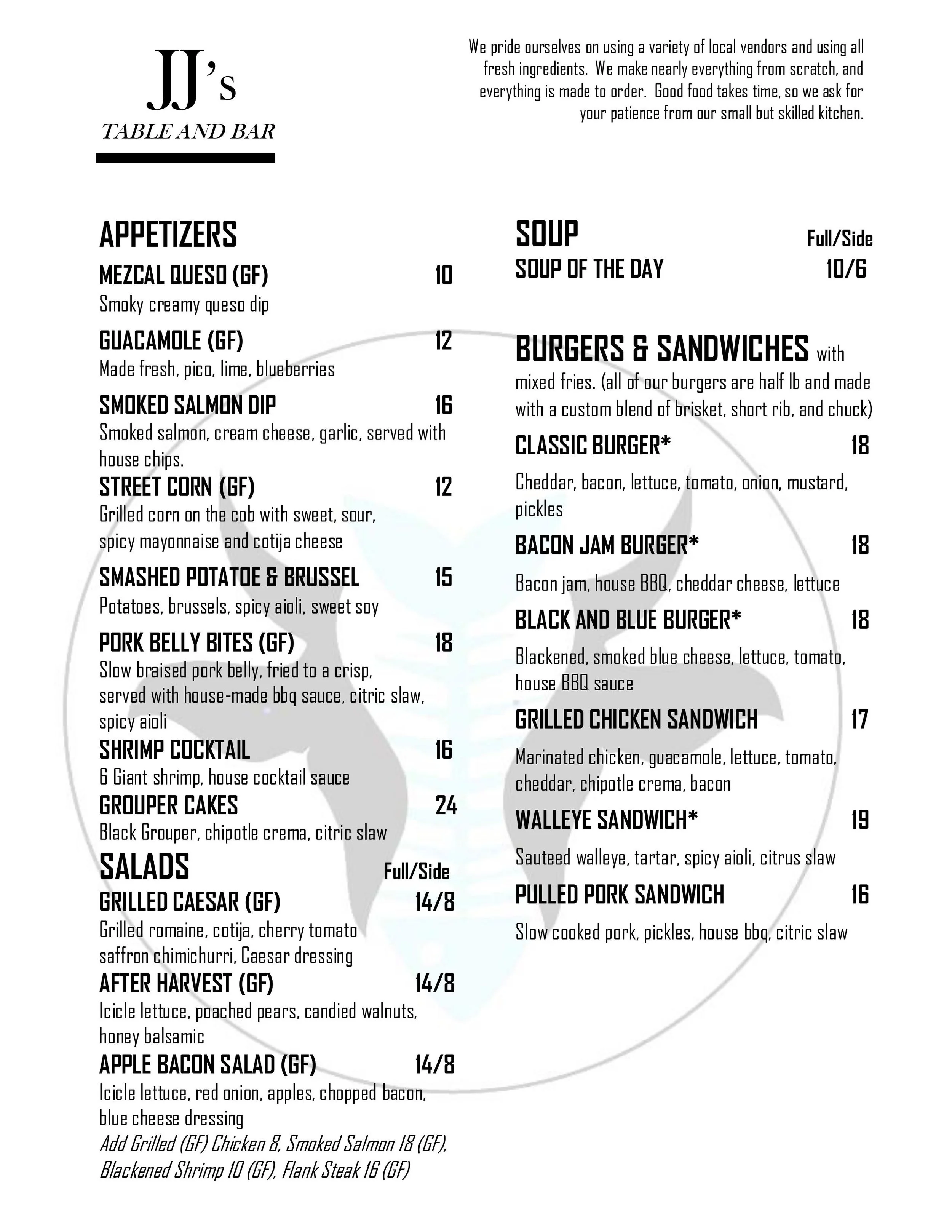 Menu — JJ's Table and Bar