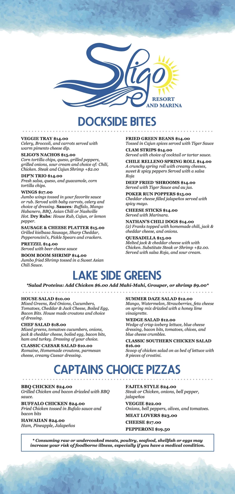 Restaurant Menu — Sligo Resort & Marina