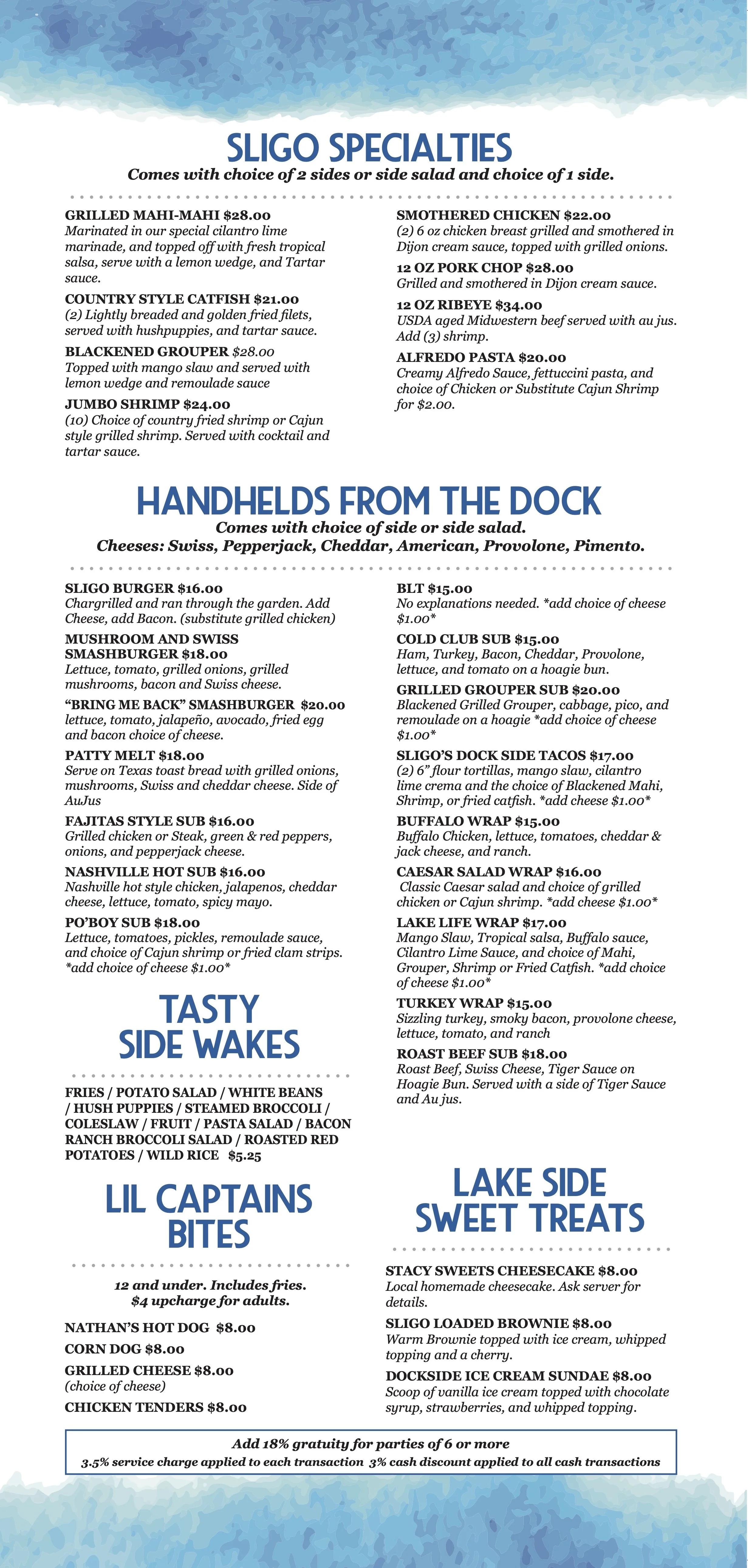 Restaurant Menu — Sligo Resort & Marina
