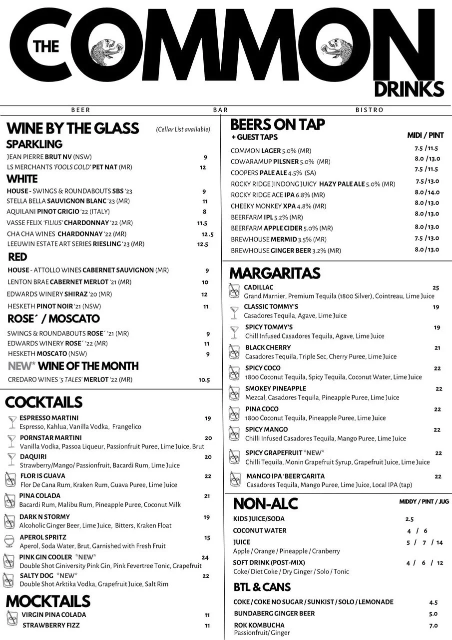Food and Drink Menu — THE COMMON | PUB, BAR + BISTRO - Margaret River