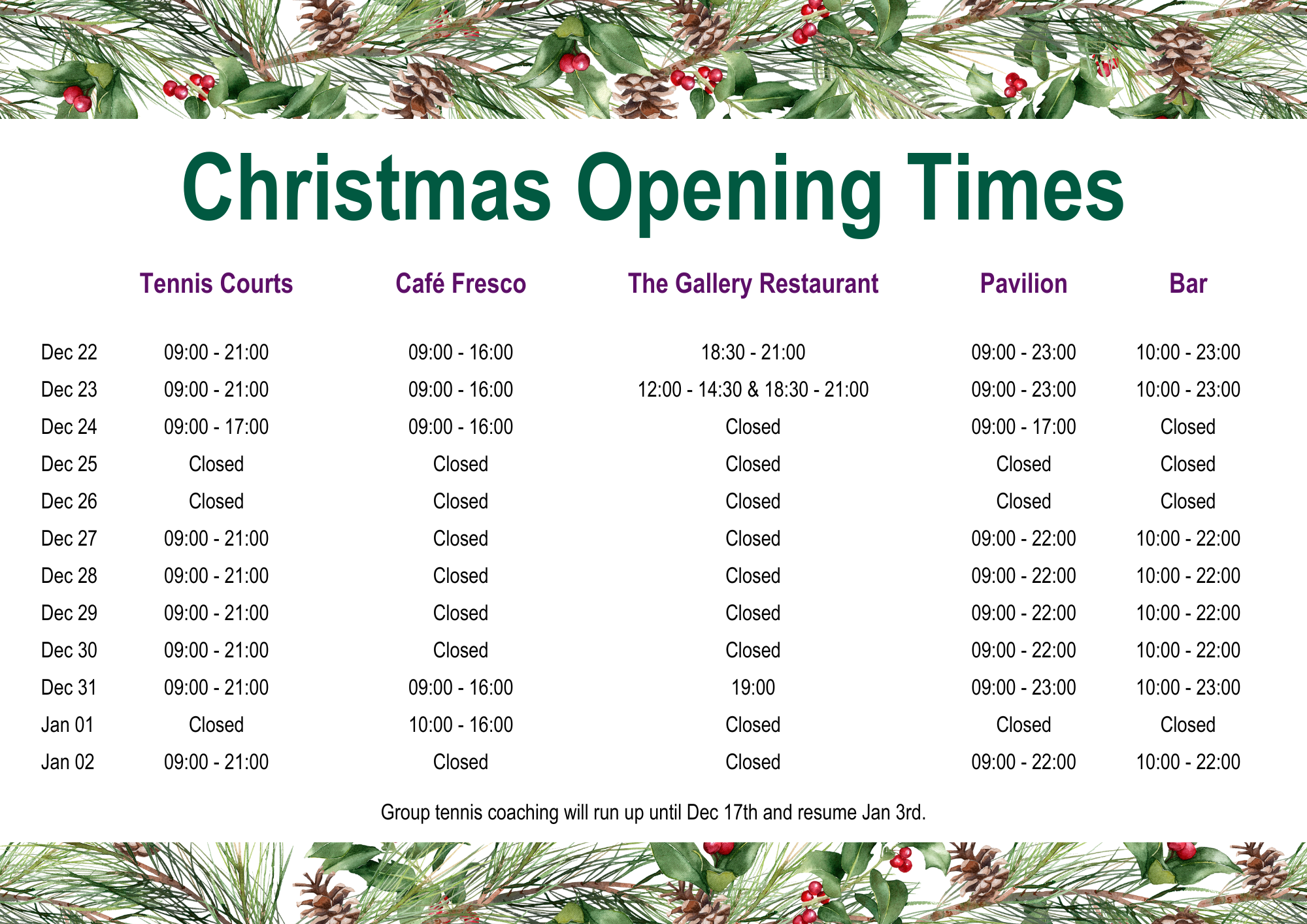 Christmas Opening Hours — CourtX