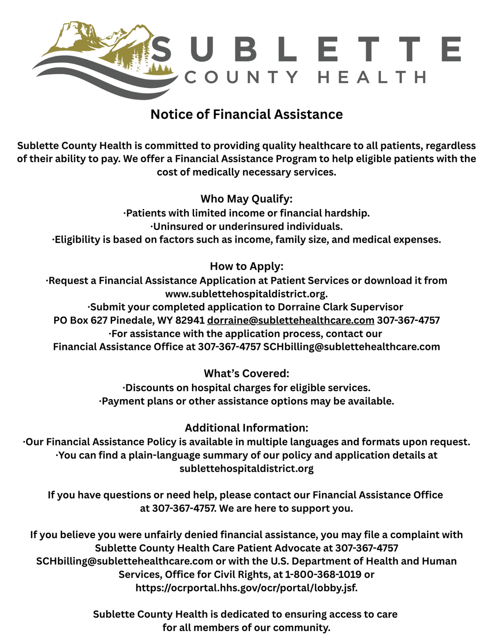 Financial Aid — Sublette County Hospital District