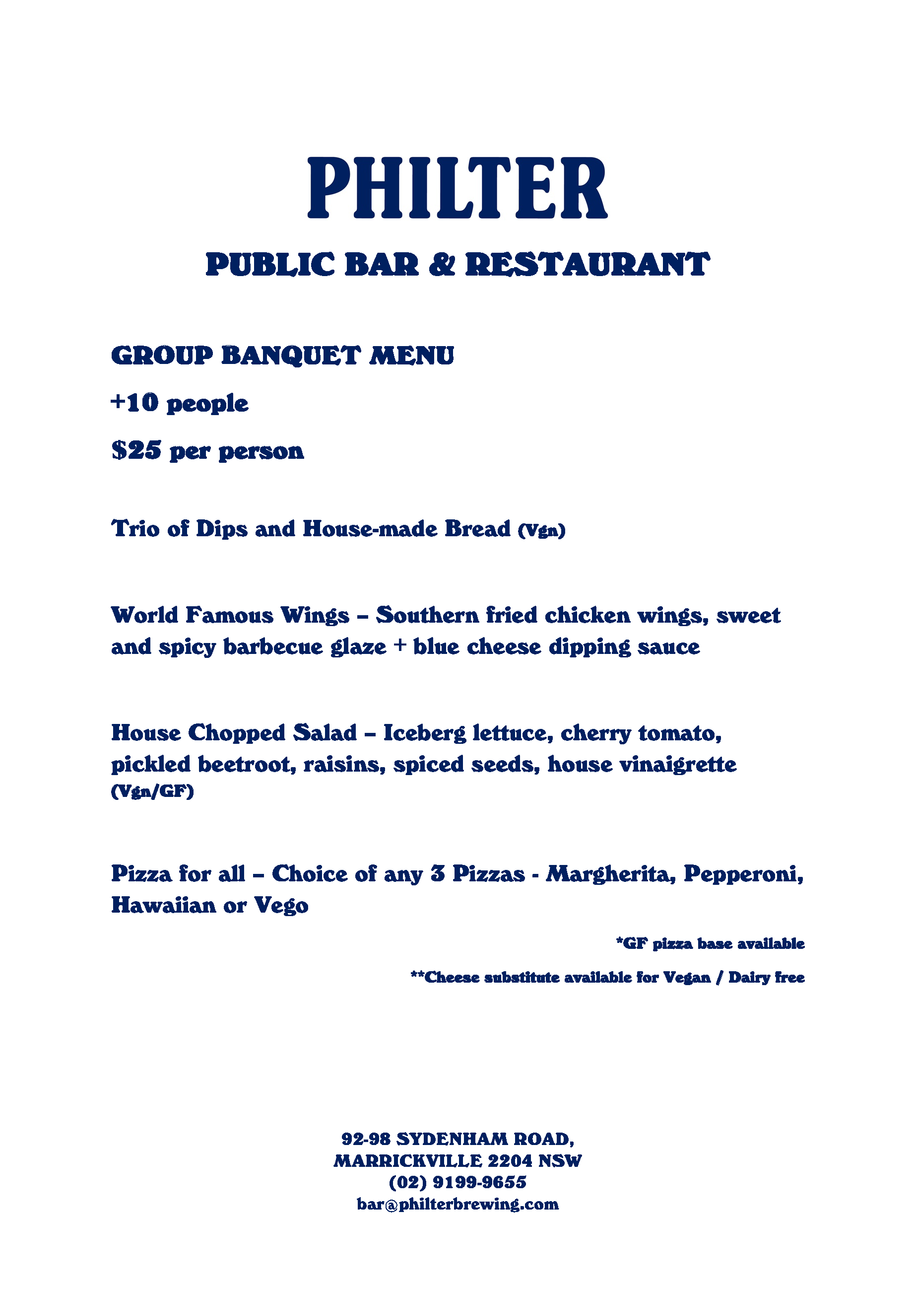 BAR & RESTAURANT MENU — PHILTER