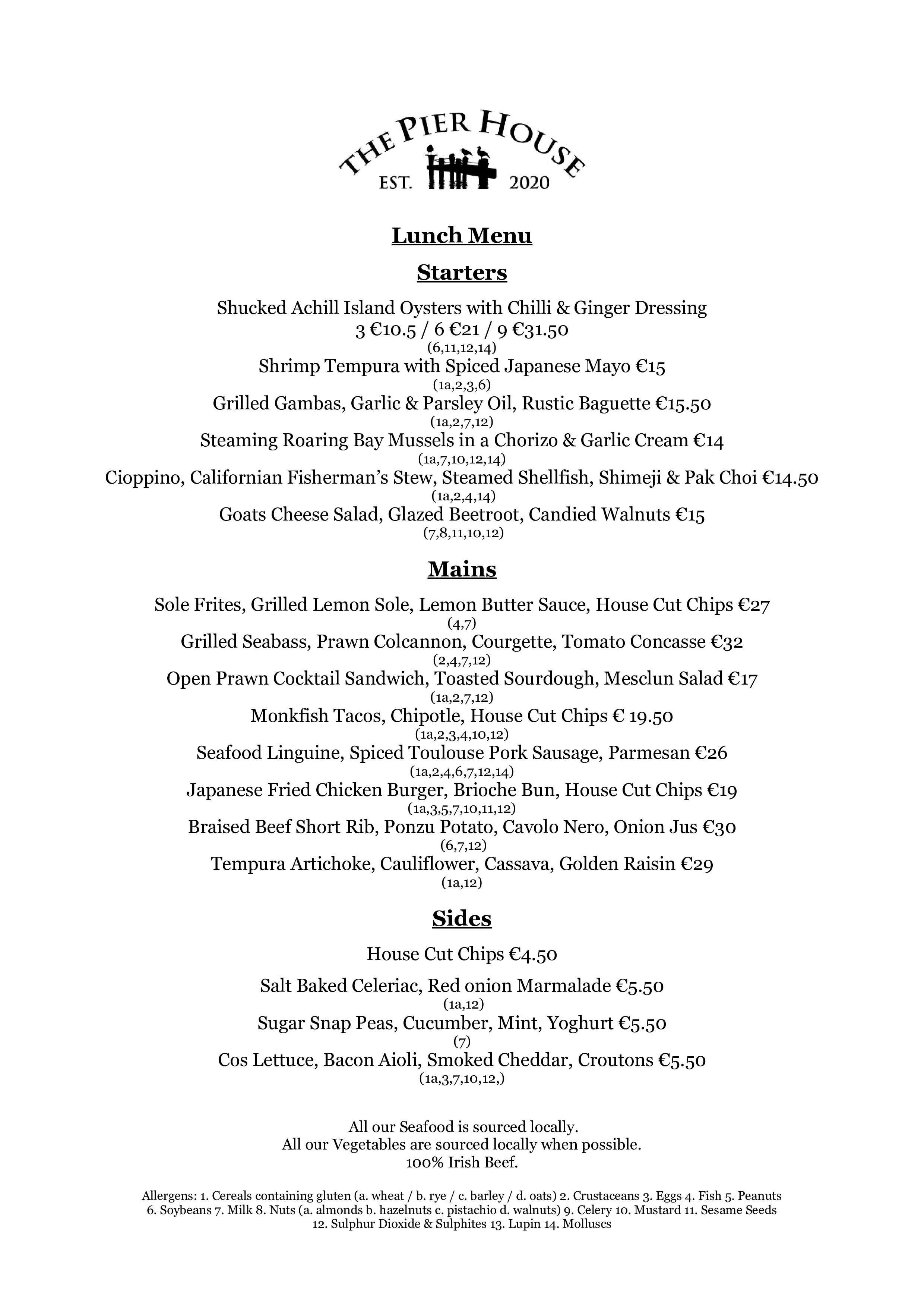 Pier House Restaurant Howth Menus — The Pier House