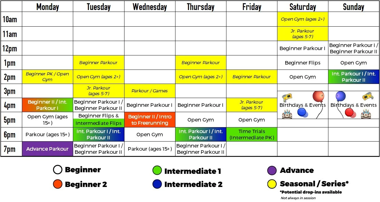 Class Schedule — Parkour Tualatin