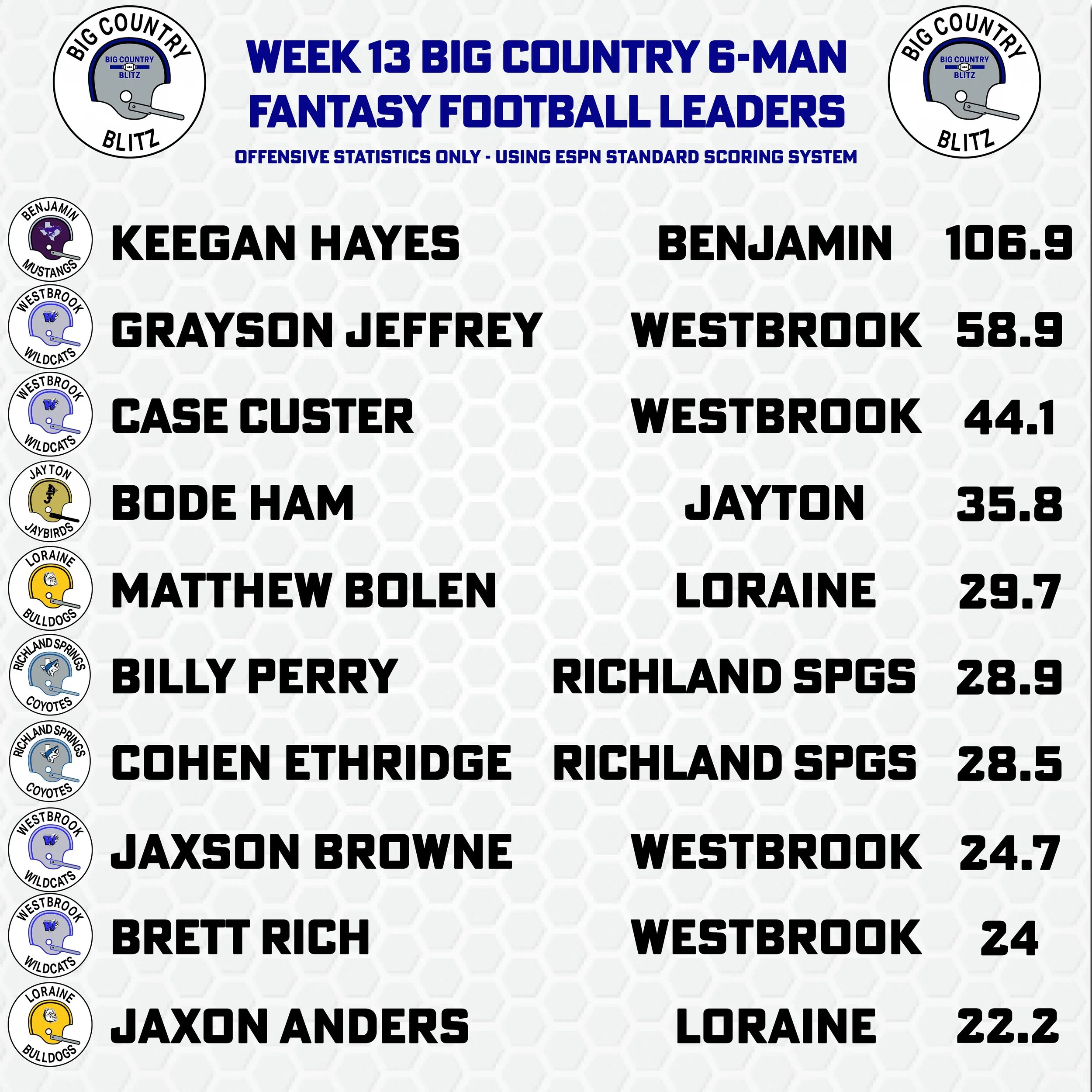 Week 13 Fantasy Football Leaders — Big Country Blitz