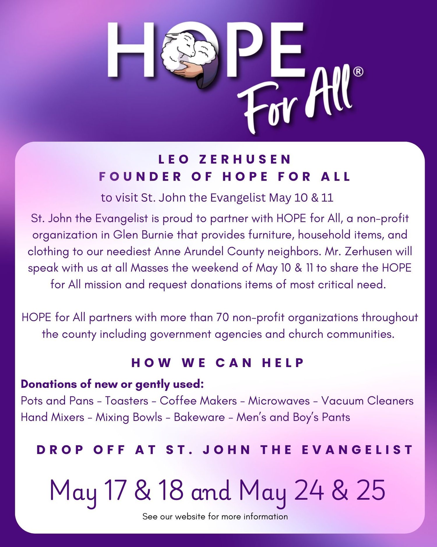 HOPE for All Housewares Donations Drive — St. John the Evangelist