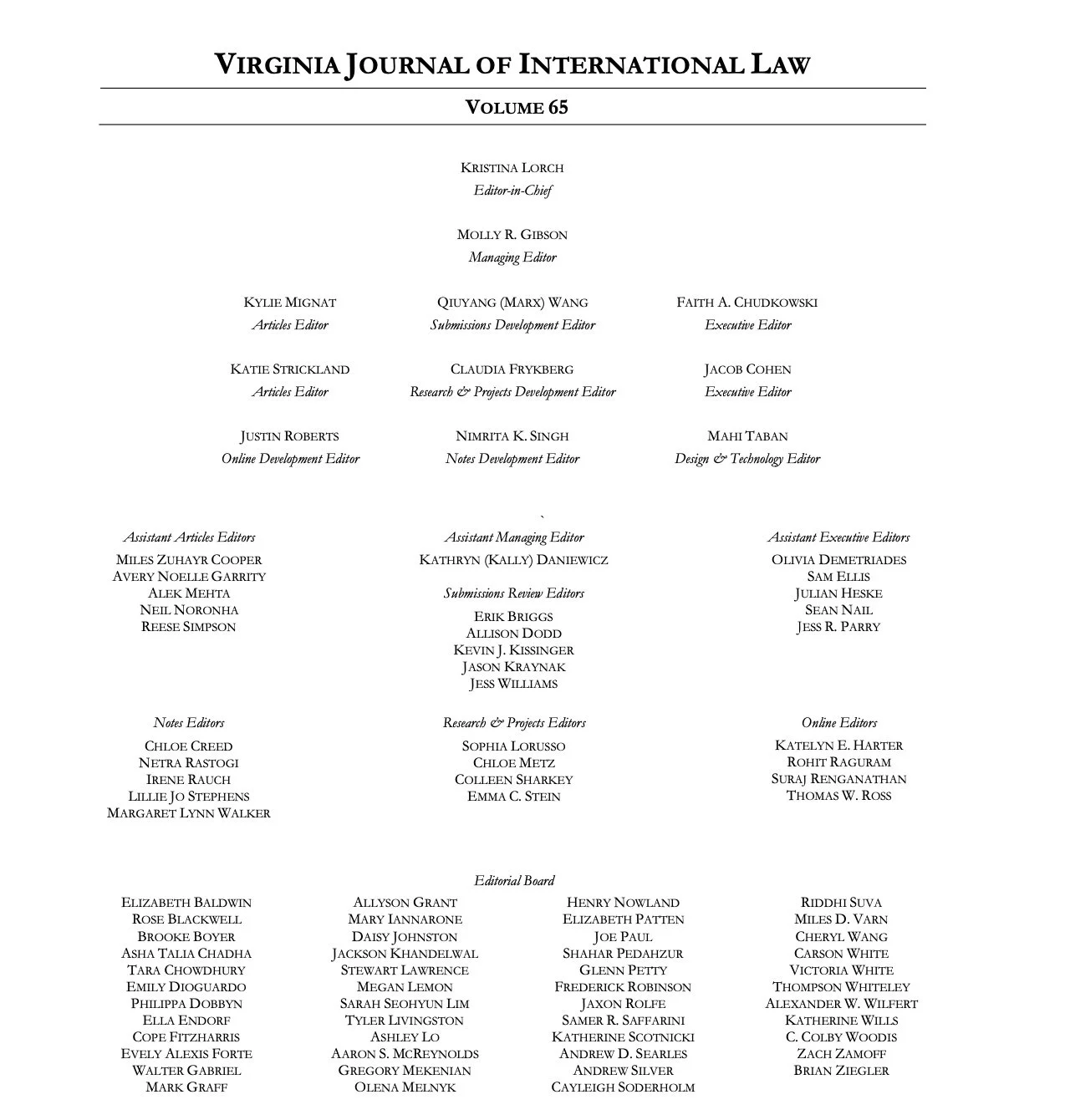 Masthead — Virginia Journal of International Law