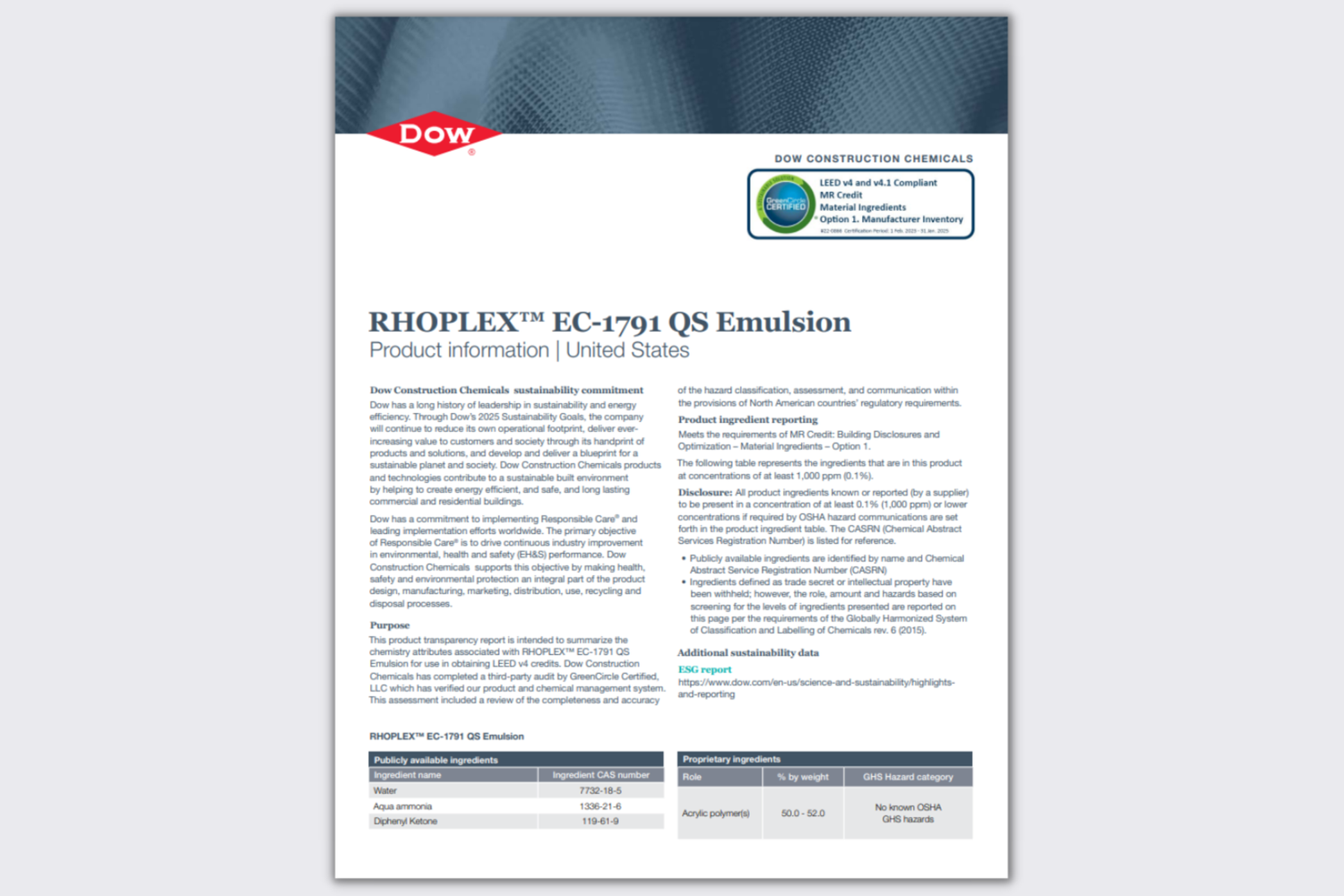 Dow Construction Chemicals — GreenCircle Certified