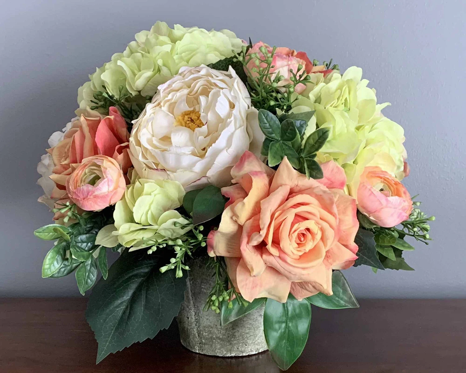 Green Hydrangea Bouquet With Peach