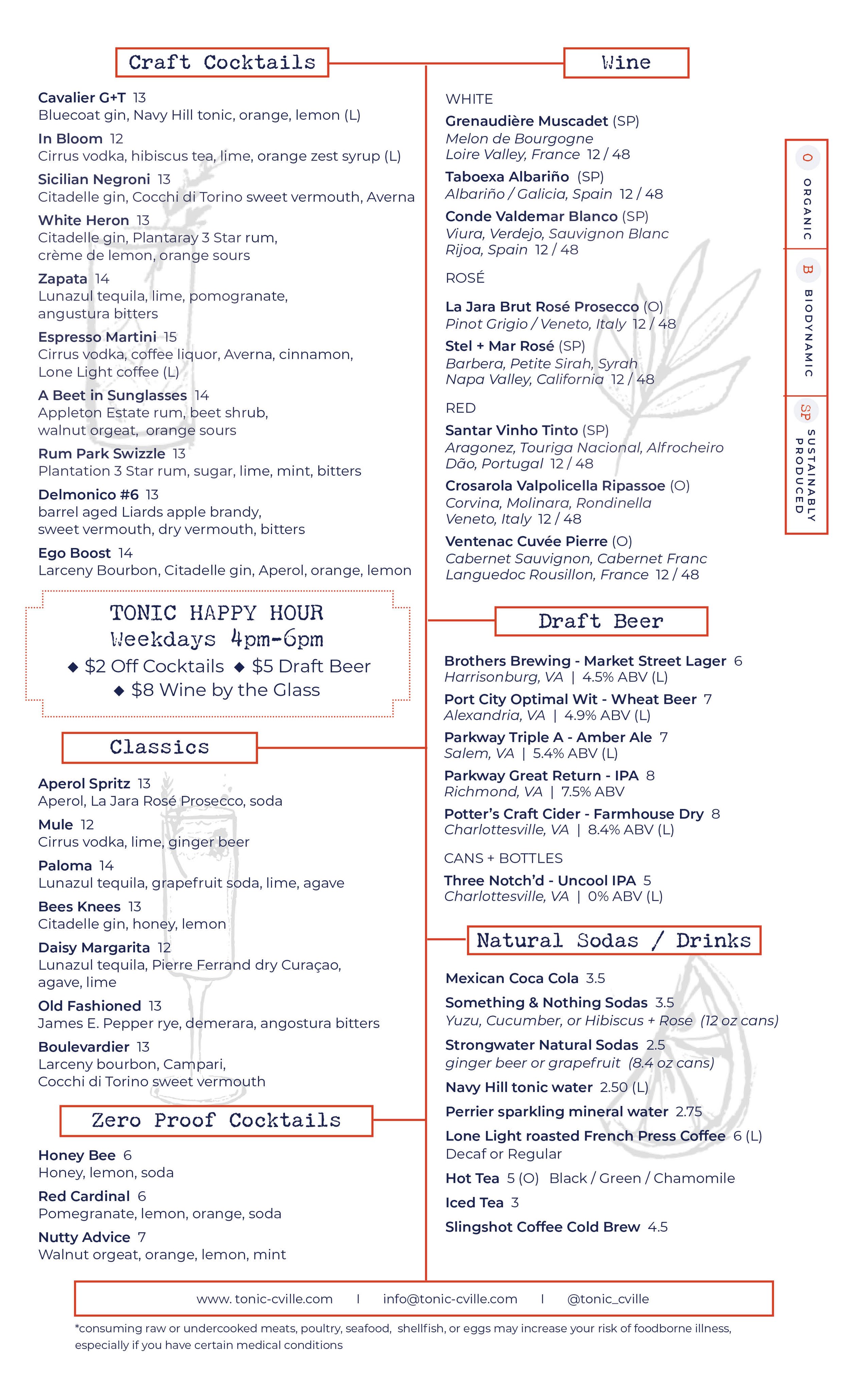 food and drink menu — TONIC